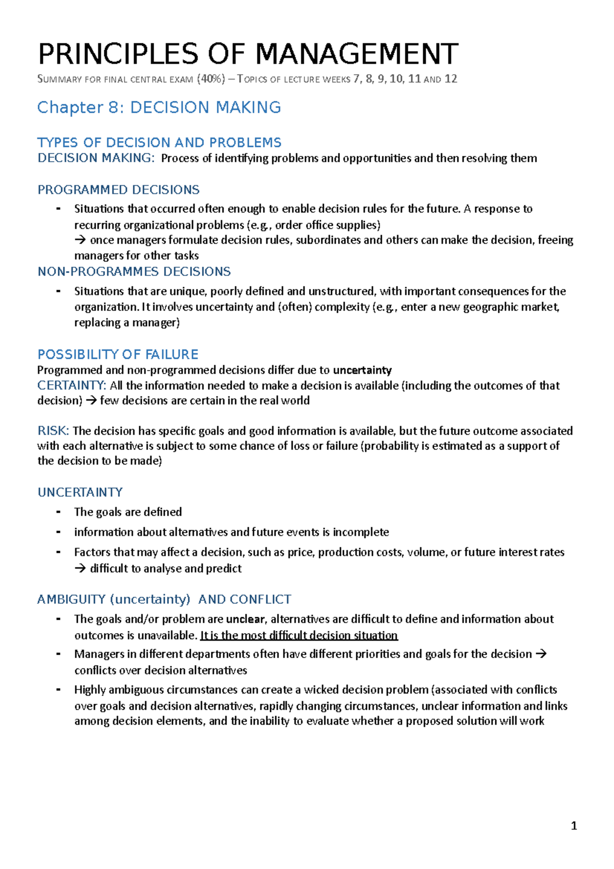 Principles of management - PRINCIPLES OF MANAGEMENT SUMMARY FOR FINAL ...