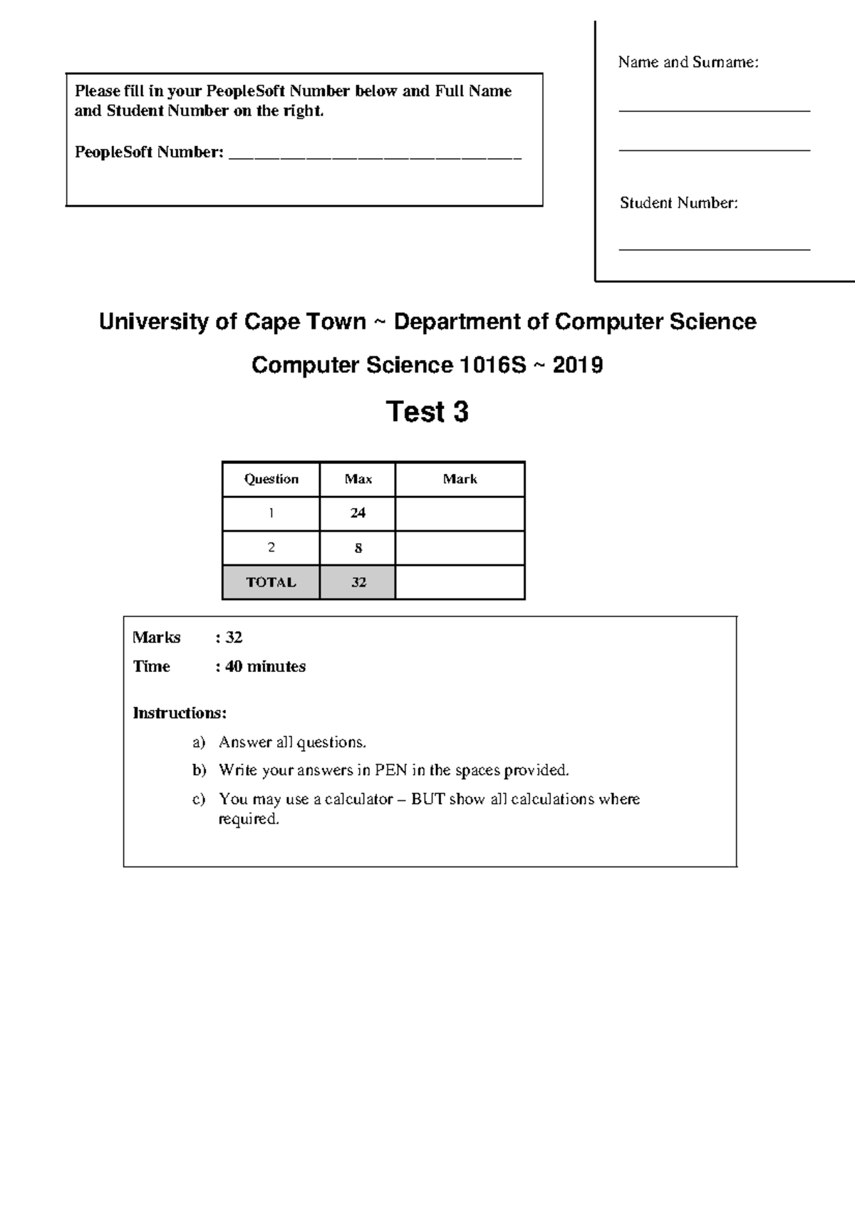 CSC1016S 2019 test3 Memo - Name and Surname: Student Number: University ...