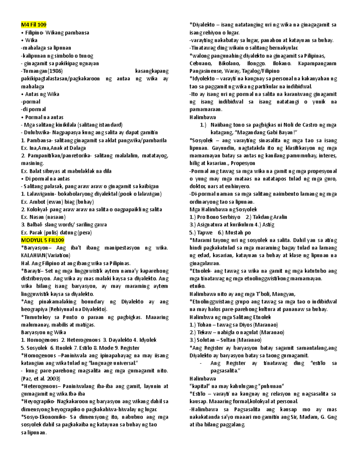 FIL-109 Reviewer - M4 Fil 109 Filipino- Wikang pambansa Wika -mahalaga ...