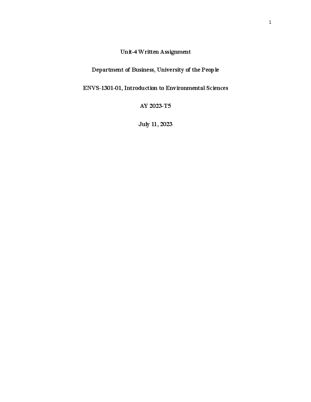 ENVS-1301 Unit-4 Written Assignment - Unit-4 Written Assignment Department of Business ...