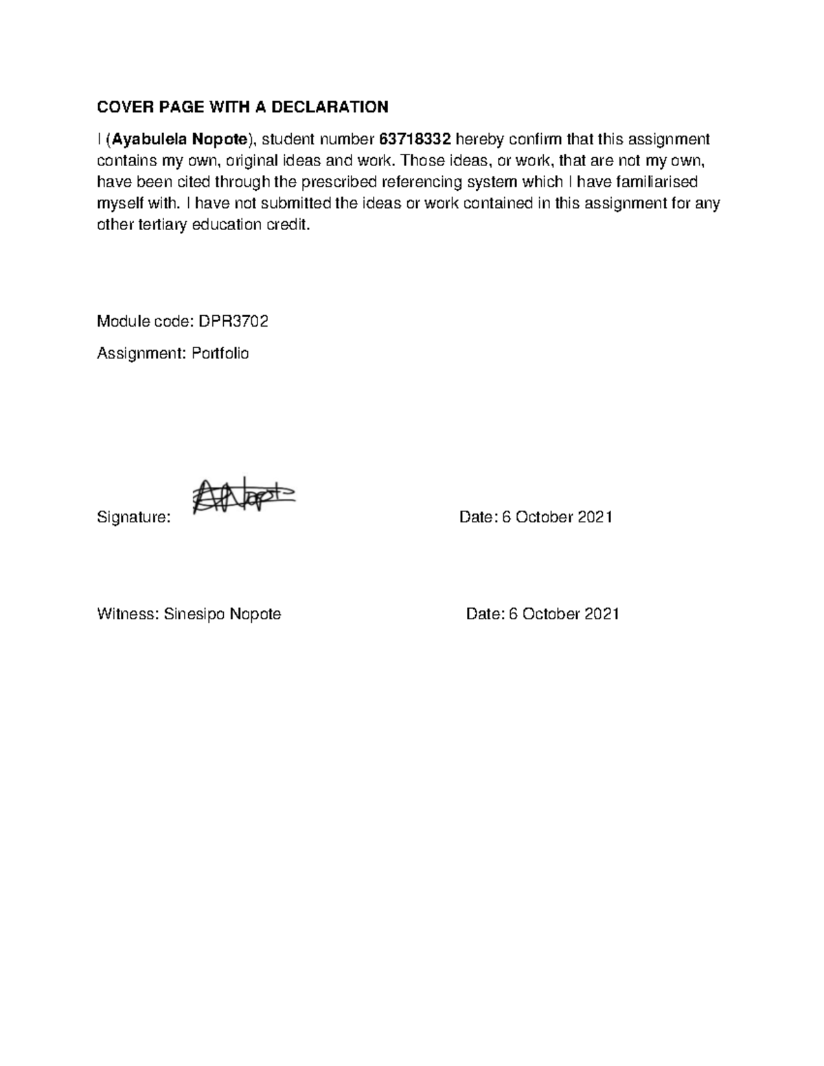 DPR3702 Portfolio - This is the final summative assessment. - COVER ...