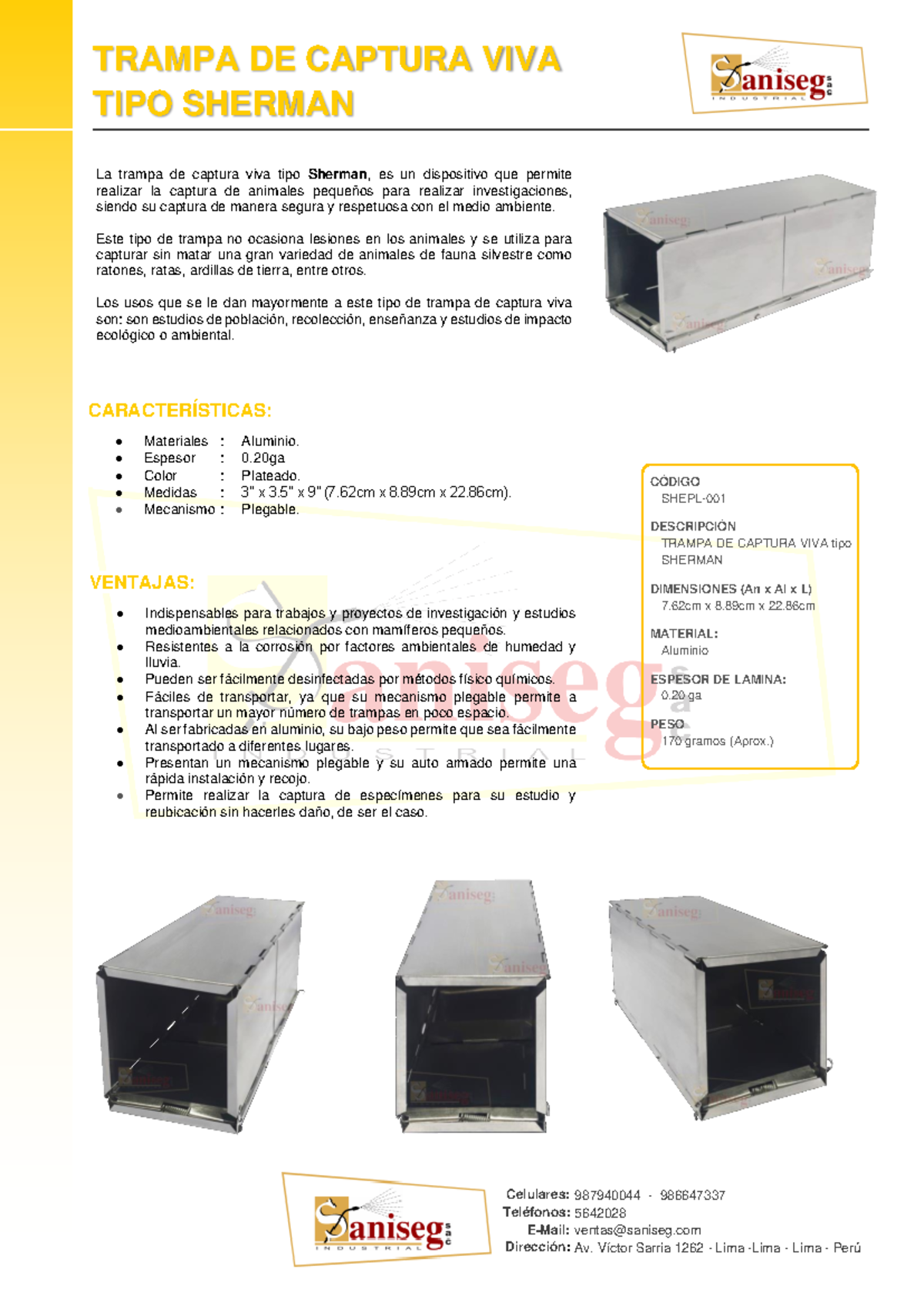 Trampa tipo Sherman - Ficha Tecnica - • Materiales : Aluminio ...