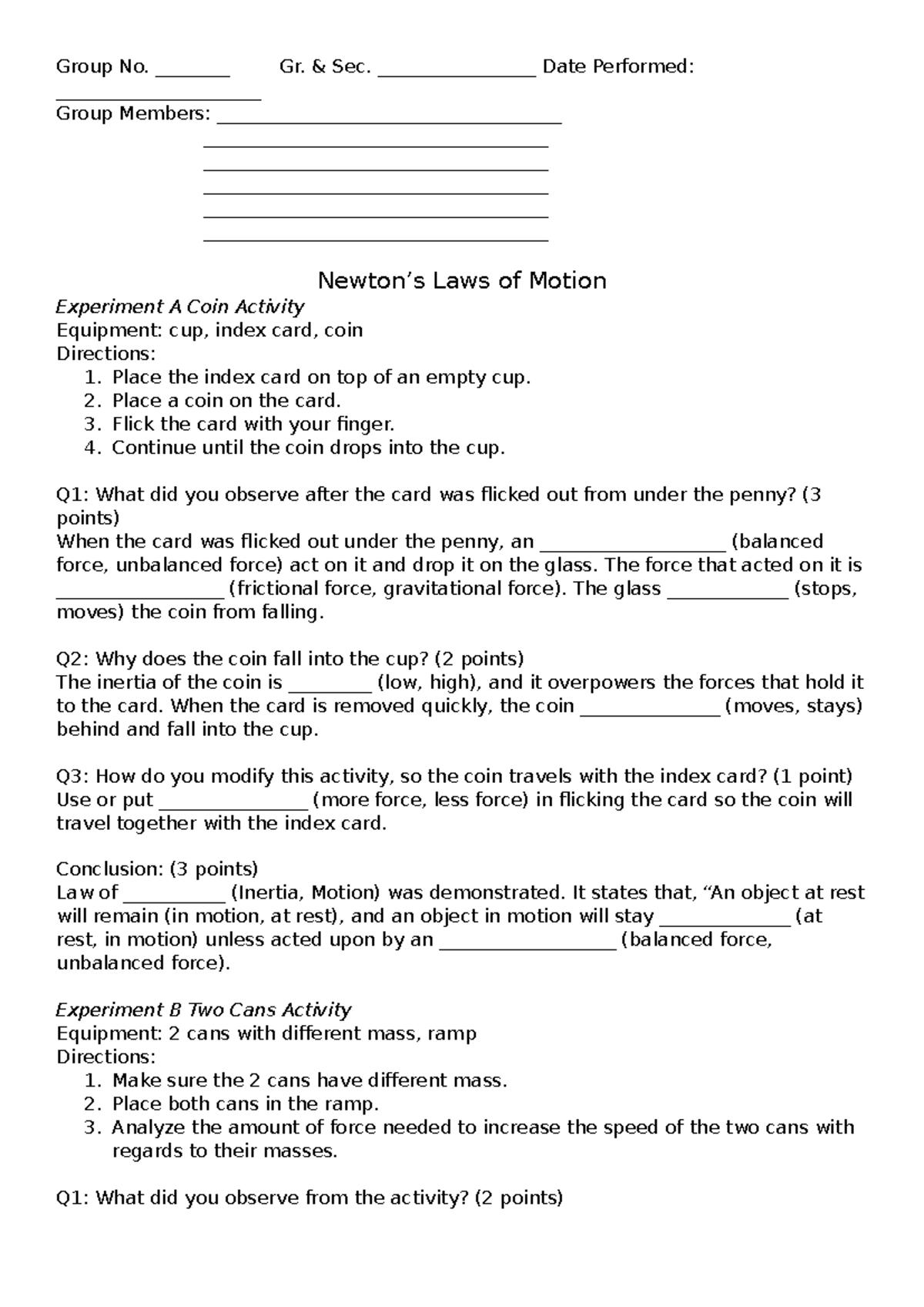 Activity Laws of Motion - Group No. ________ Gr. & Sec ...