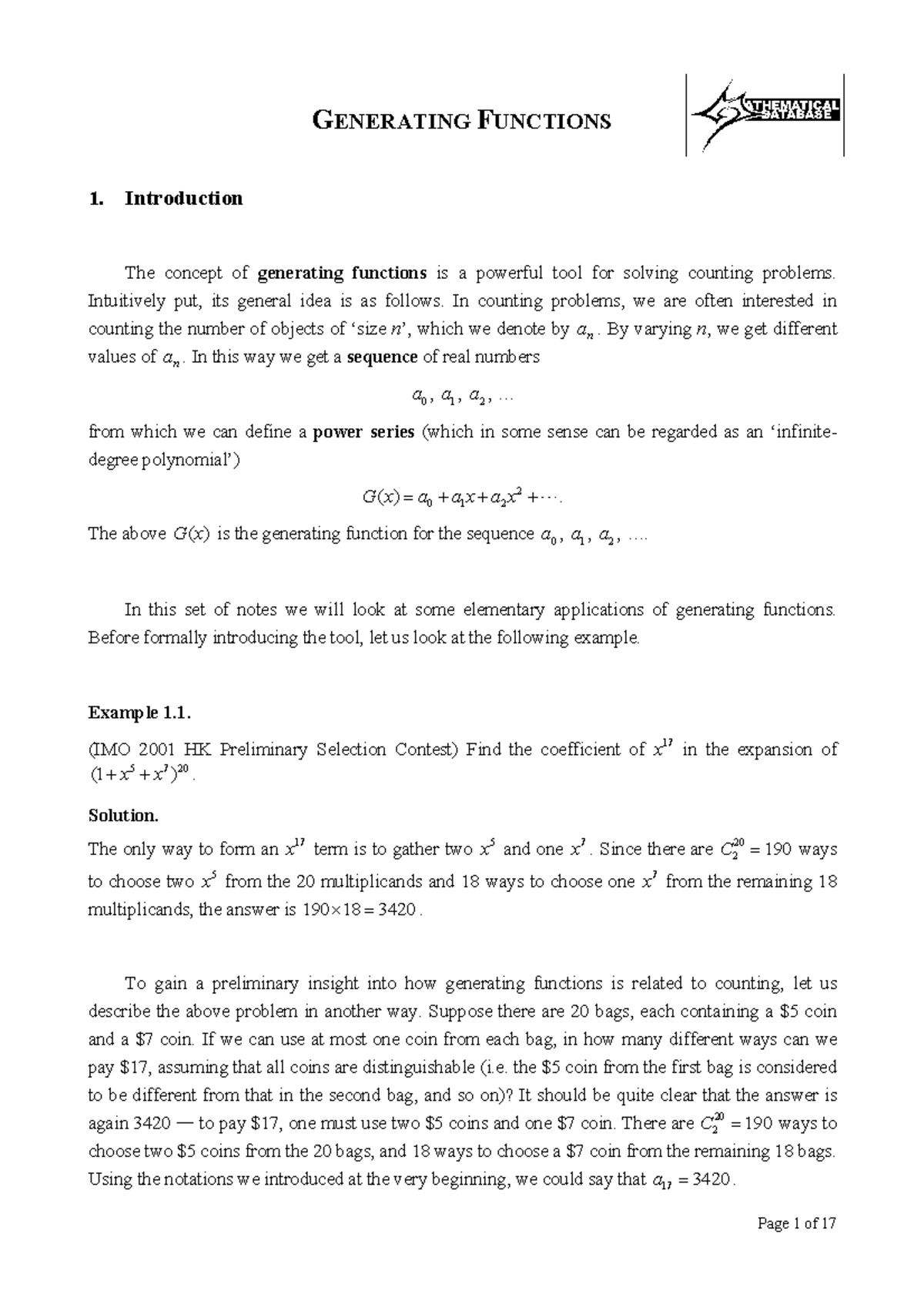 Generating Function Part 1 Generating Functions 1 Introduction The Concept Of Generating
