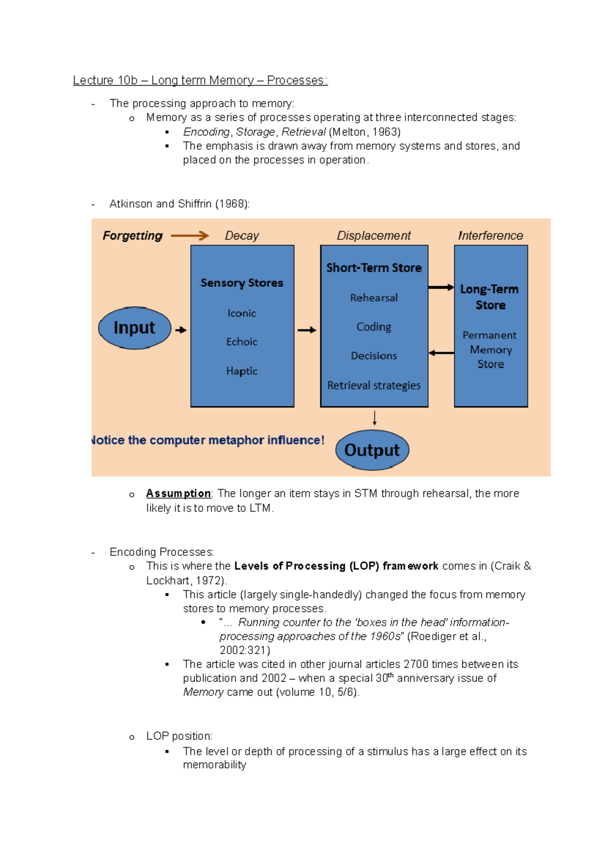 Long term Memory – Processes - Lecture 10b – Long term Memory – Processes: The processing ...