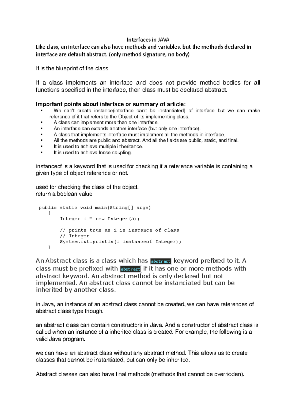 Java Notes Unit - 2 - Interfaces in JAVA Like class, an interface can ...