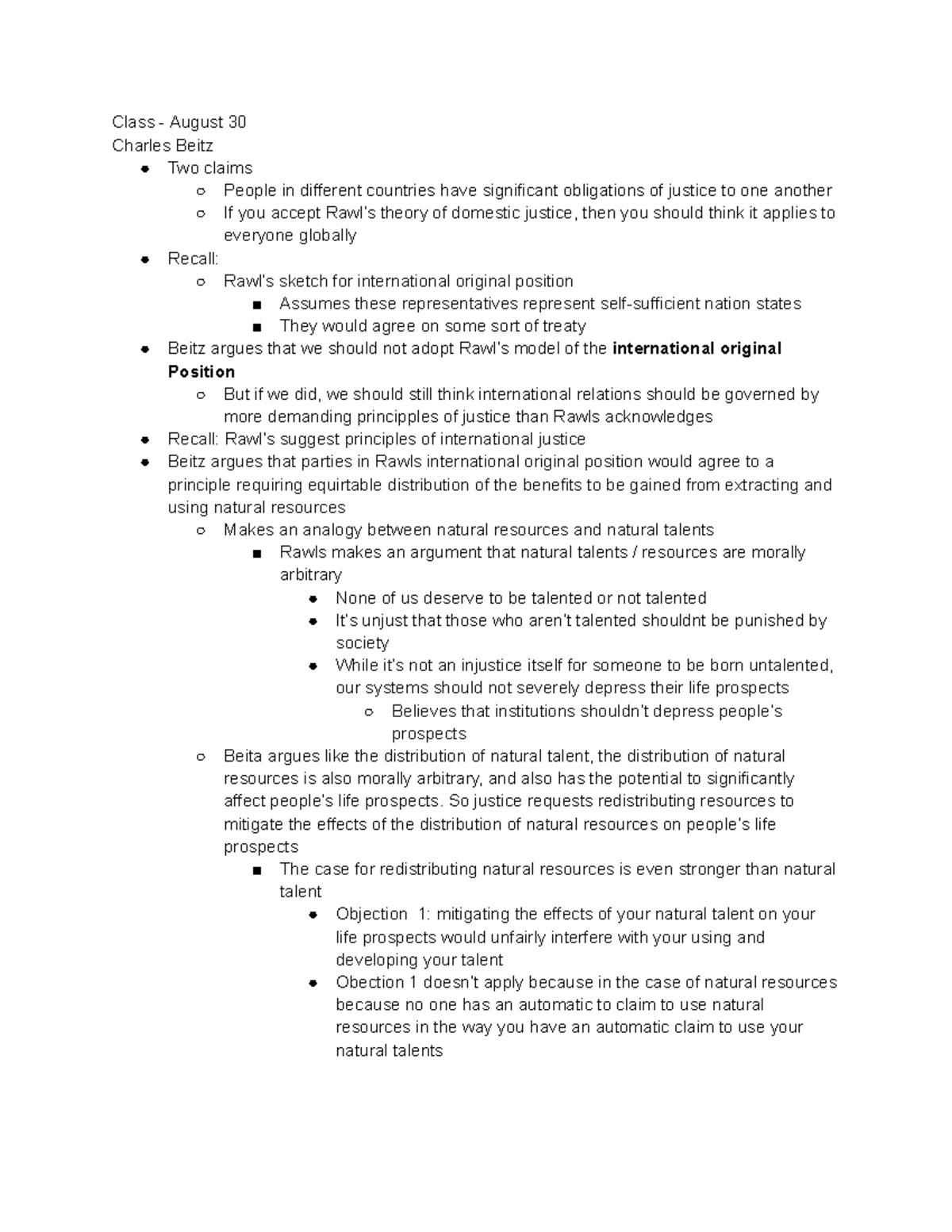 Global Justice Notes - Class - August 30 Charles Beitz Two claims ...