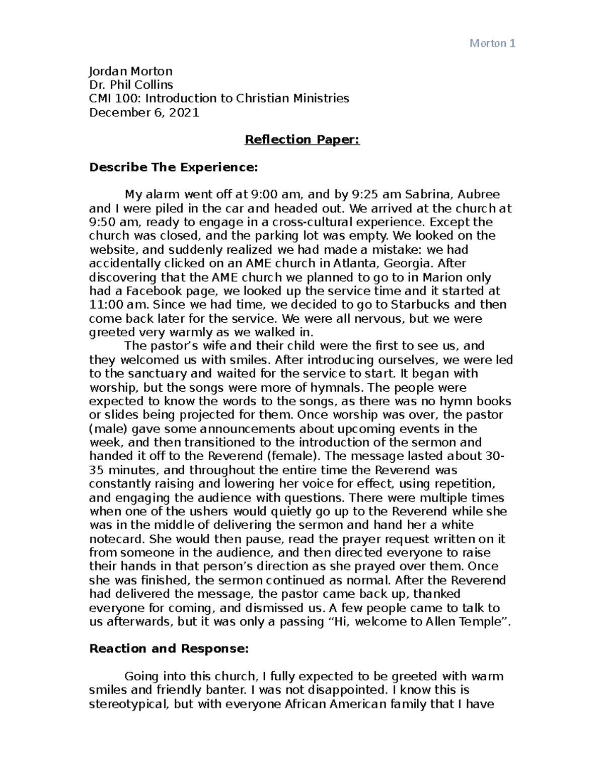 Cross Cultural Reflection Paper - Morton 1 Jordan Morton Dr. Phil ...