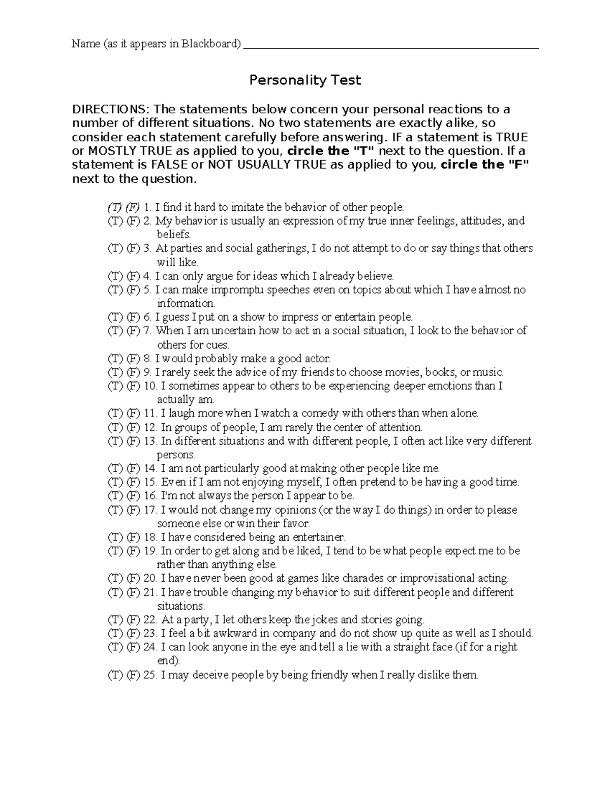 Personality Test SM - Name (as it appears in Blackboard) Personality ...