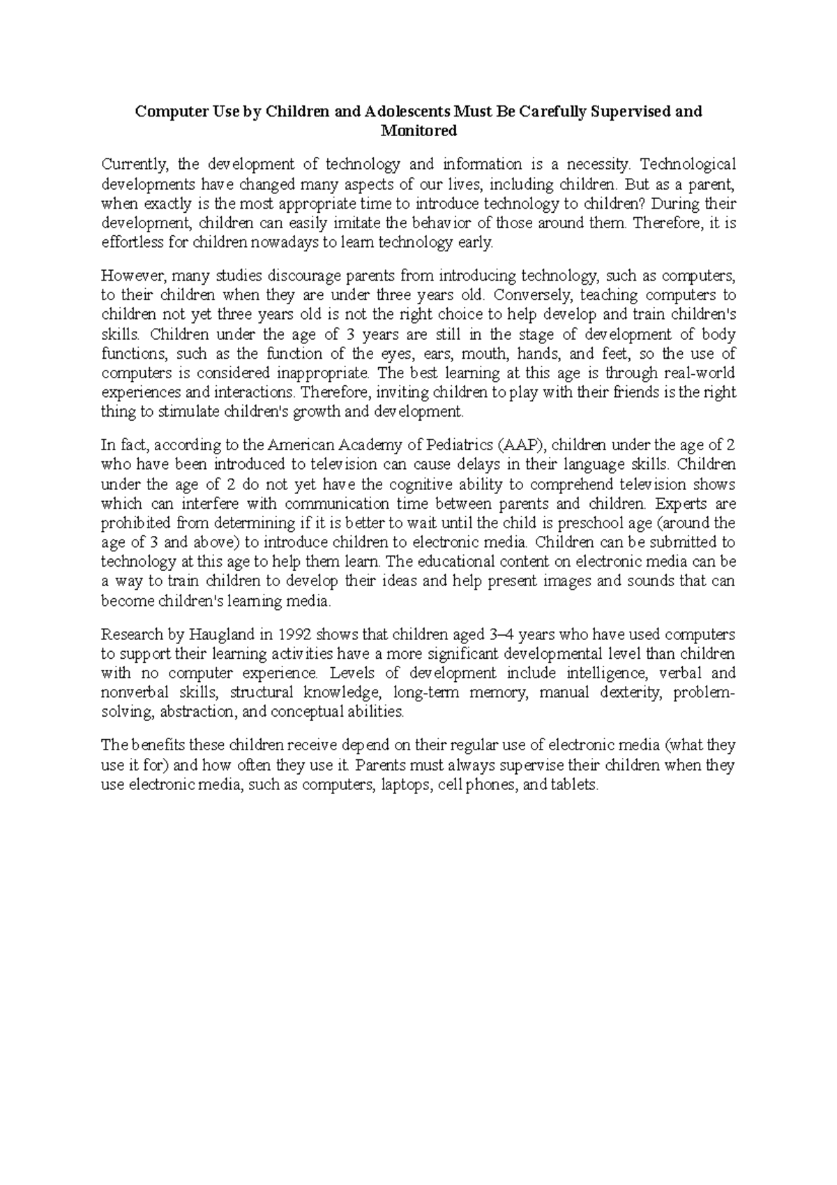 Essay - Computer Use by Children and Adolescents Must Be Carefully ...