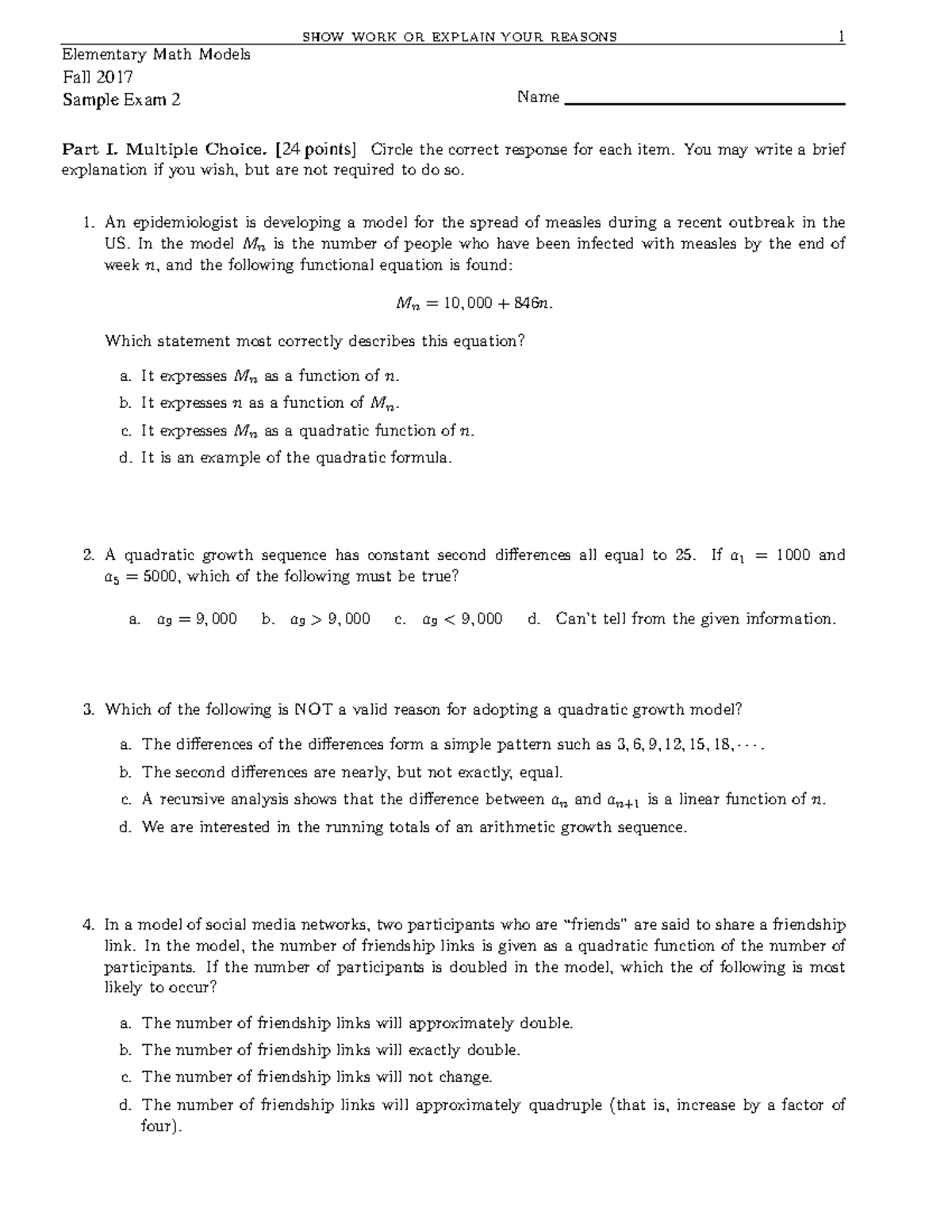 Sample/practice exam Fall 2017, questions - Elementary Math Models Spring 2015 Exam 2 Name Part ...