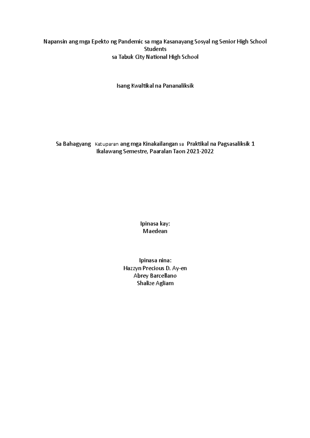 Pagbasa- Research - sssssss - Napansin ang mga Epekto ng Pandemic sa ...