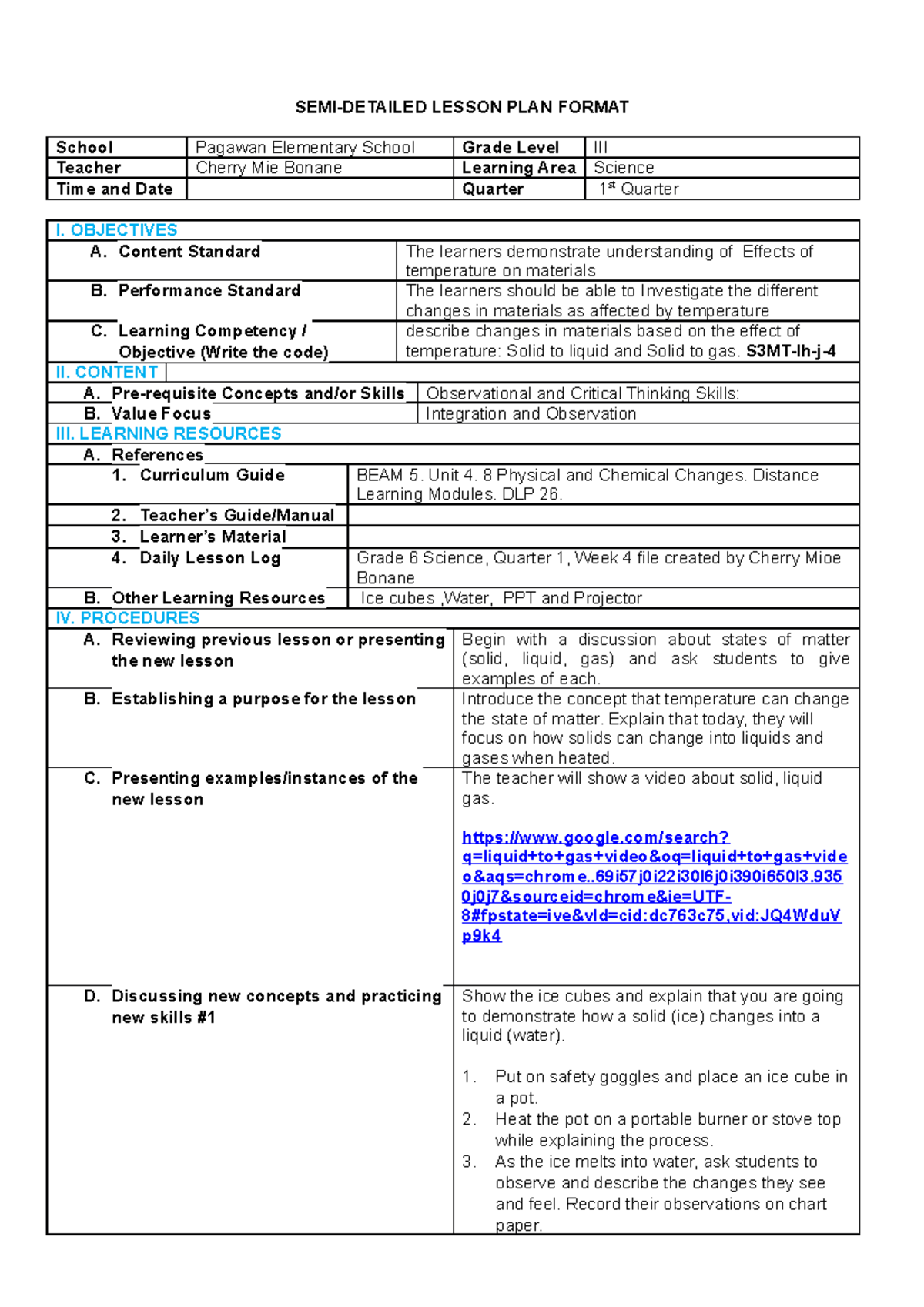 Cherry - Lesson Plan - SEMI-DETAILED LESSON PLAN FORMAT School Pagawan ...