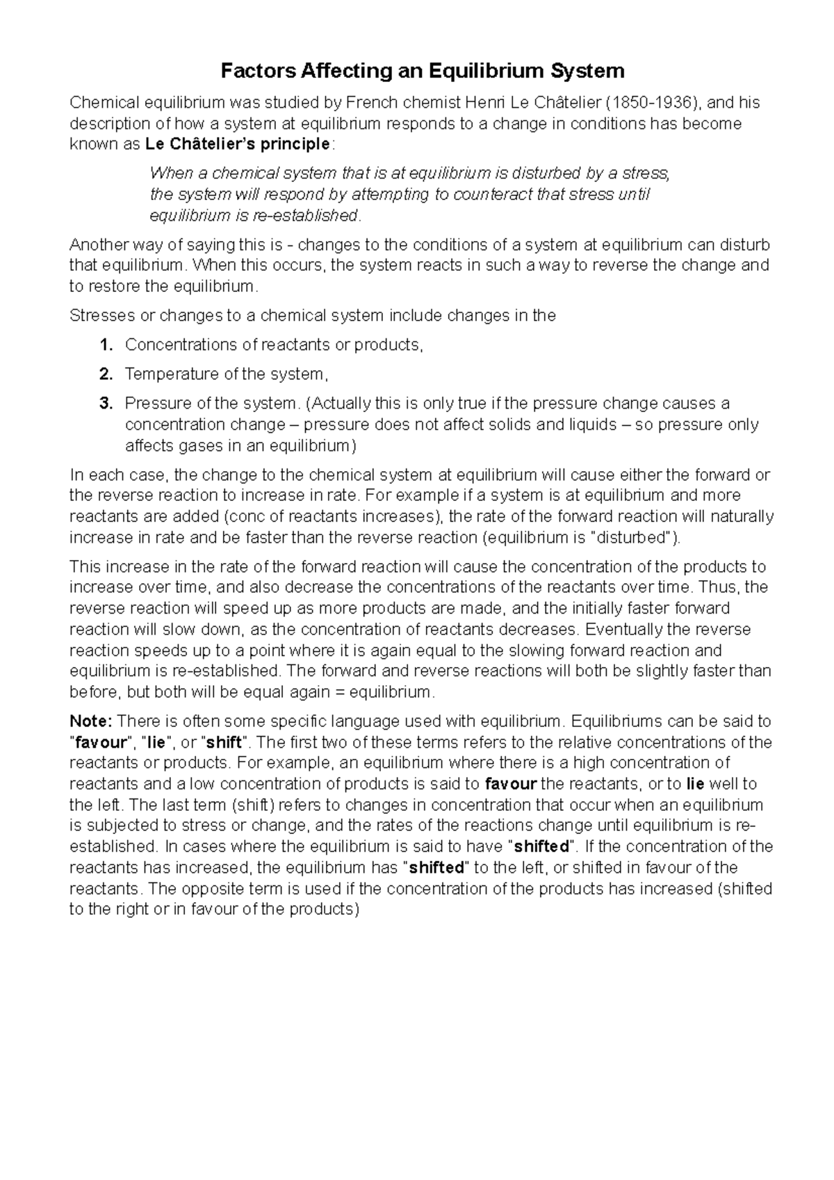 Factors Affecting an Equilibrium System - Factors Affecting an ...