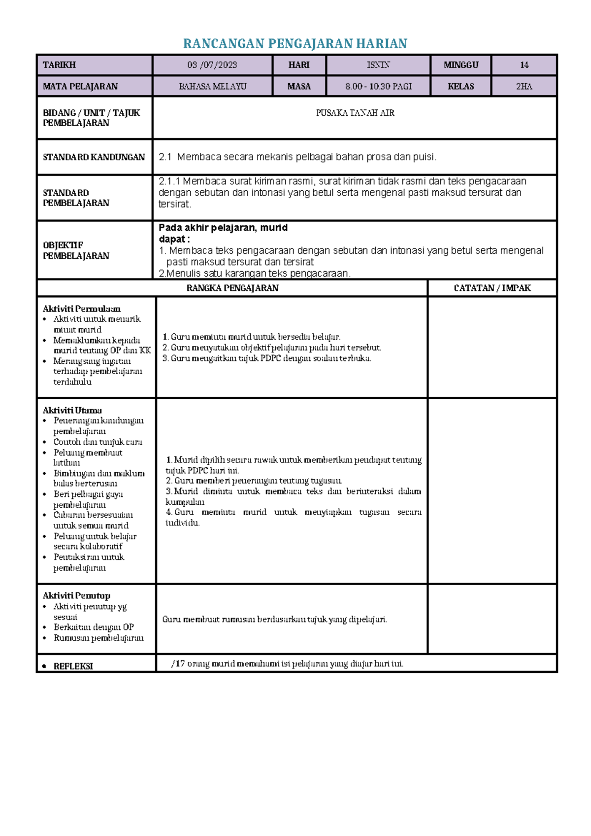 RPH Minggu 14 - rph bm - TARIKH 03 /07/2023 HARI ISNIN MINGGU 14 MATA ...