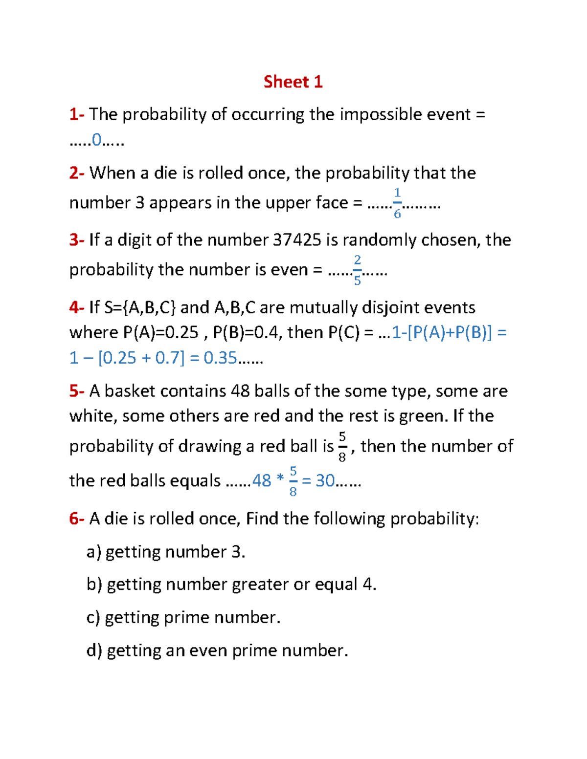 Sheets probability - Sheet 1 1- The probability of occurring the ...