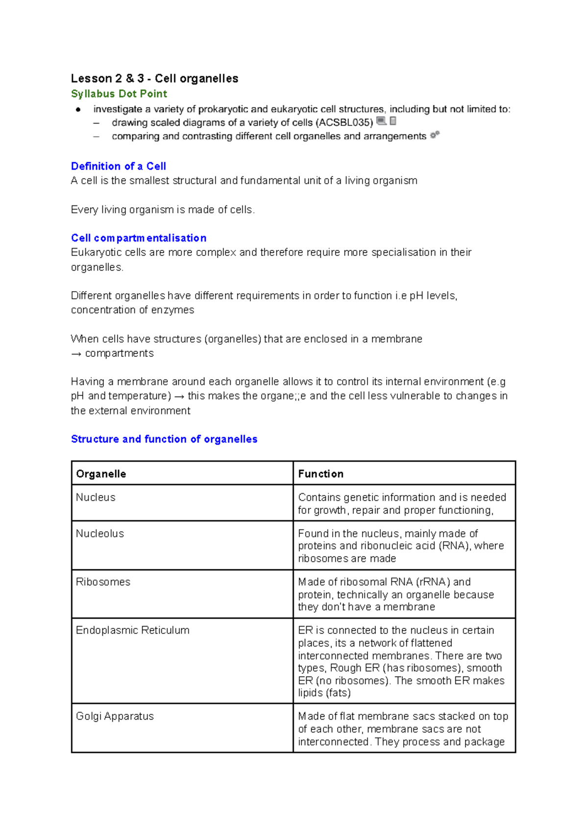 Biology Prelim Notes 2 - Google Docs - Lesson 2 & 3 - Cell organelles ...