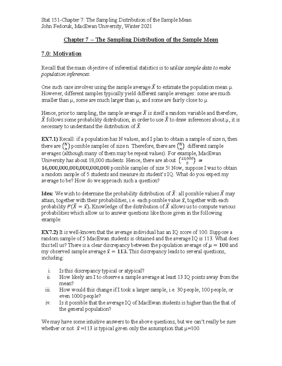 Chapter 7 notes - John Fedoruk, MacEwan University, Winter 2021 Chapter ...