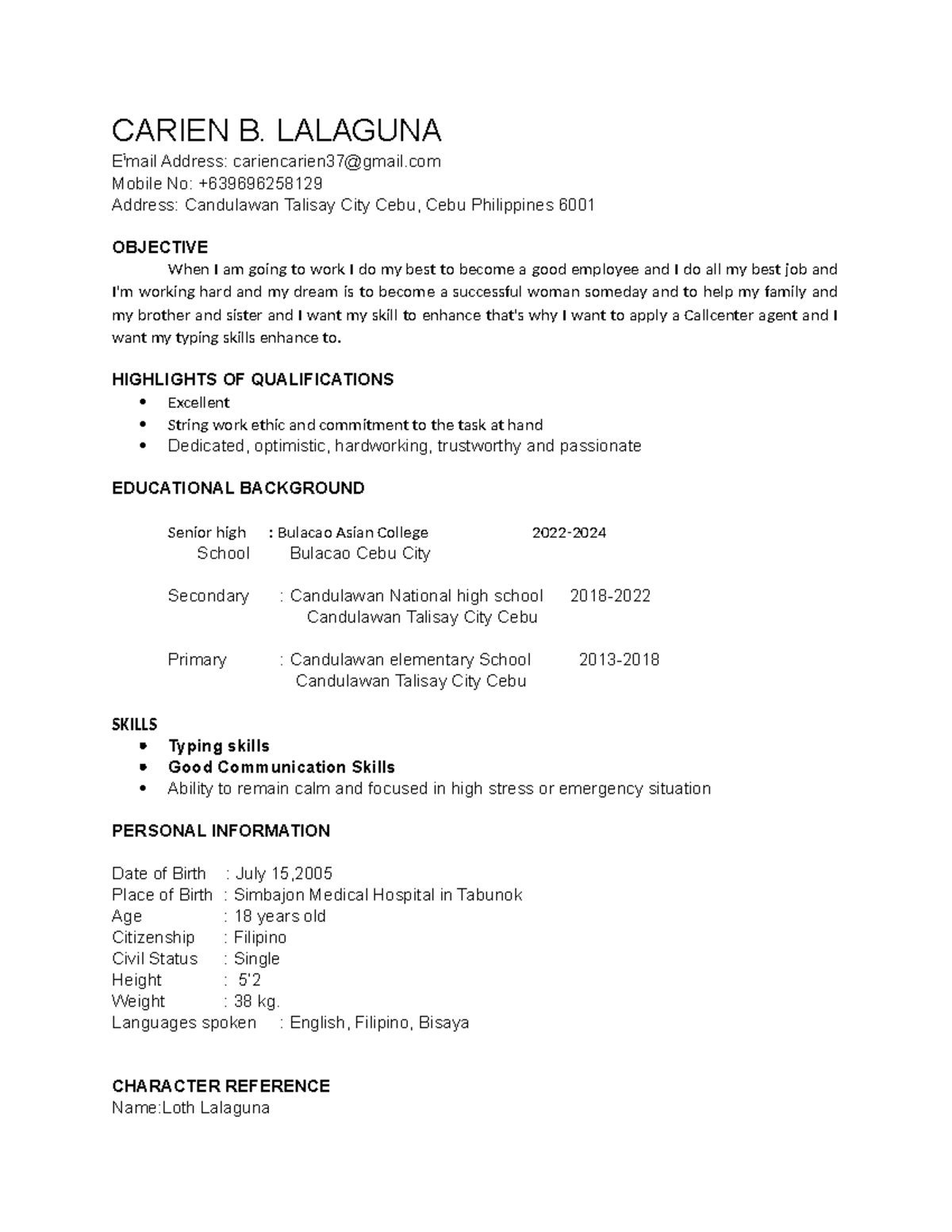 Resume WORK Immersion Template - CARIEN B. LALAGUNA Eimail Address ...