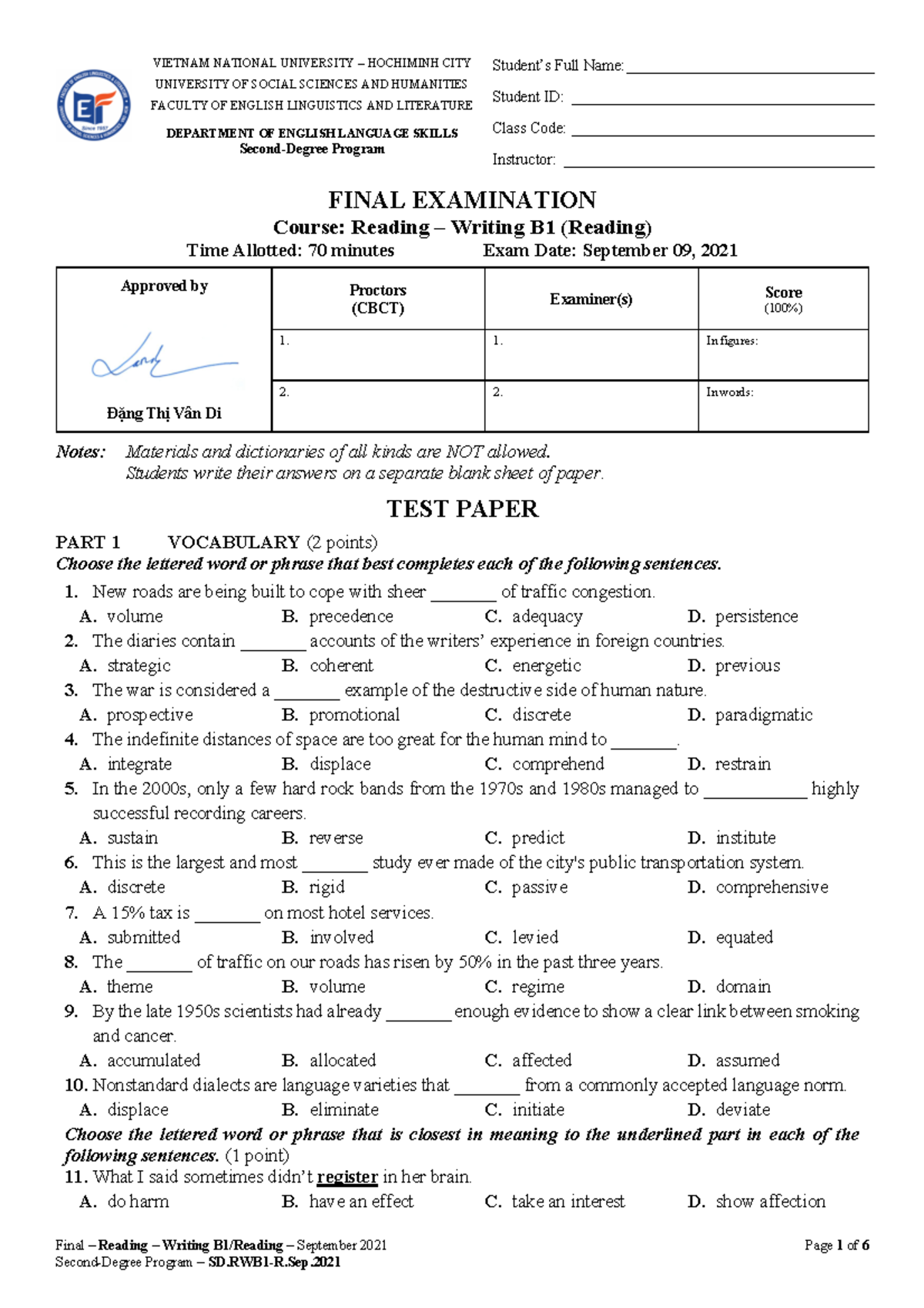 SD - Final - Reading B1 - 09 - Final – Reading – Writing B1/Reading – September 2021 Page 1 of 6 ...