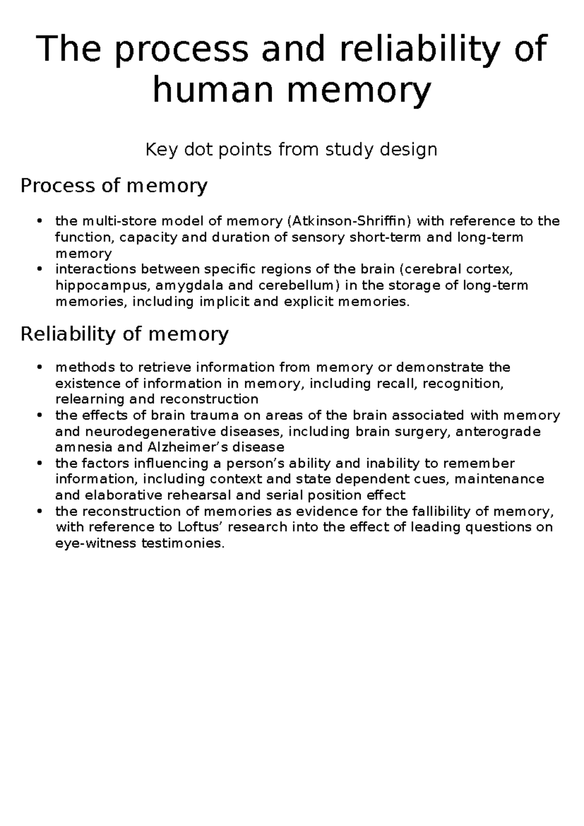 Memory booklet - psychology unit 3 and 4 - The process and reliability ...