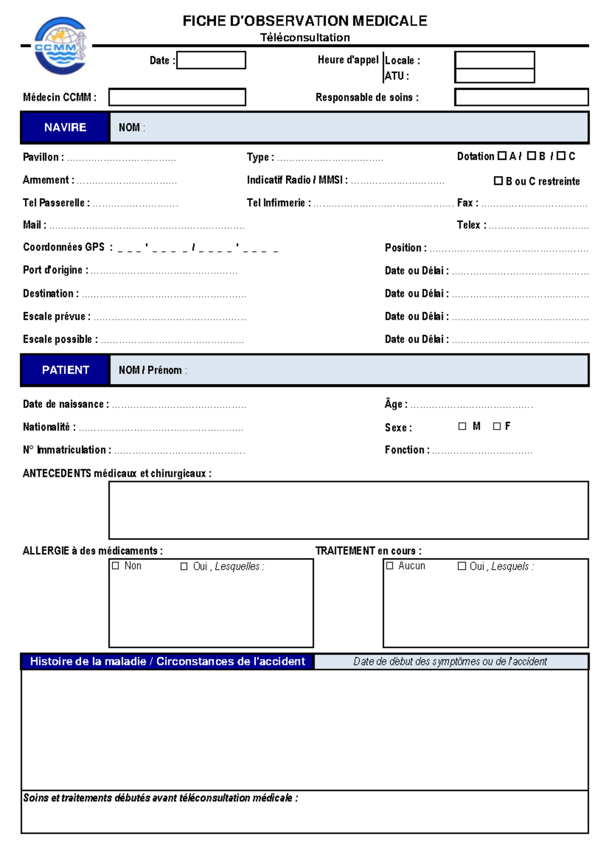 2019 Fiche Observation Médicale - Date : Heure d'appel Locale : ATU ...