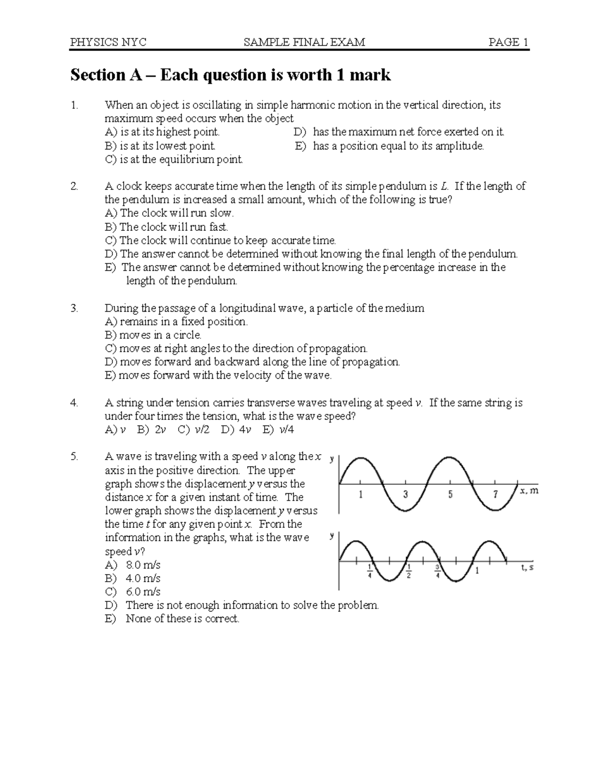 Physics NYC sample final exam - Section A 3 Each question is worth 1 ...