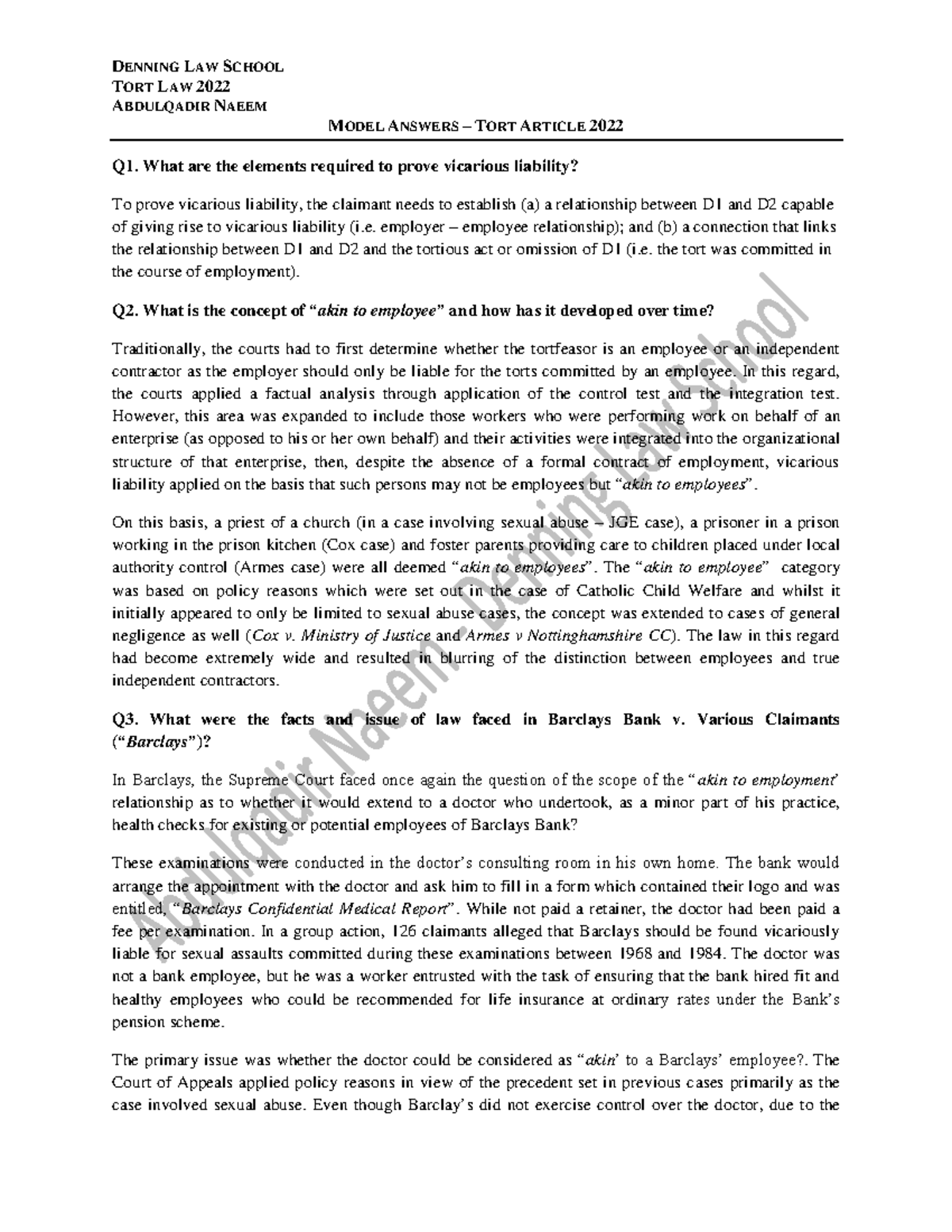 Model Answers - Tort Law Article 2022 - TORT LAW 2022 ABDULQADIR NAEEM ...