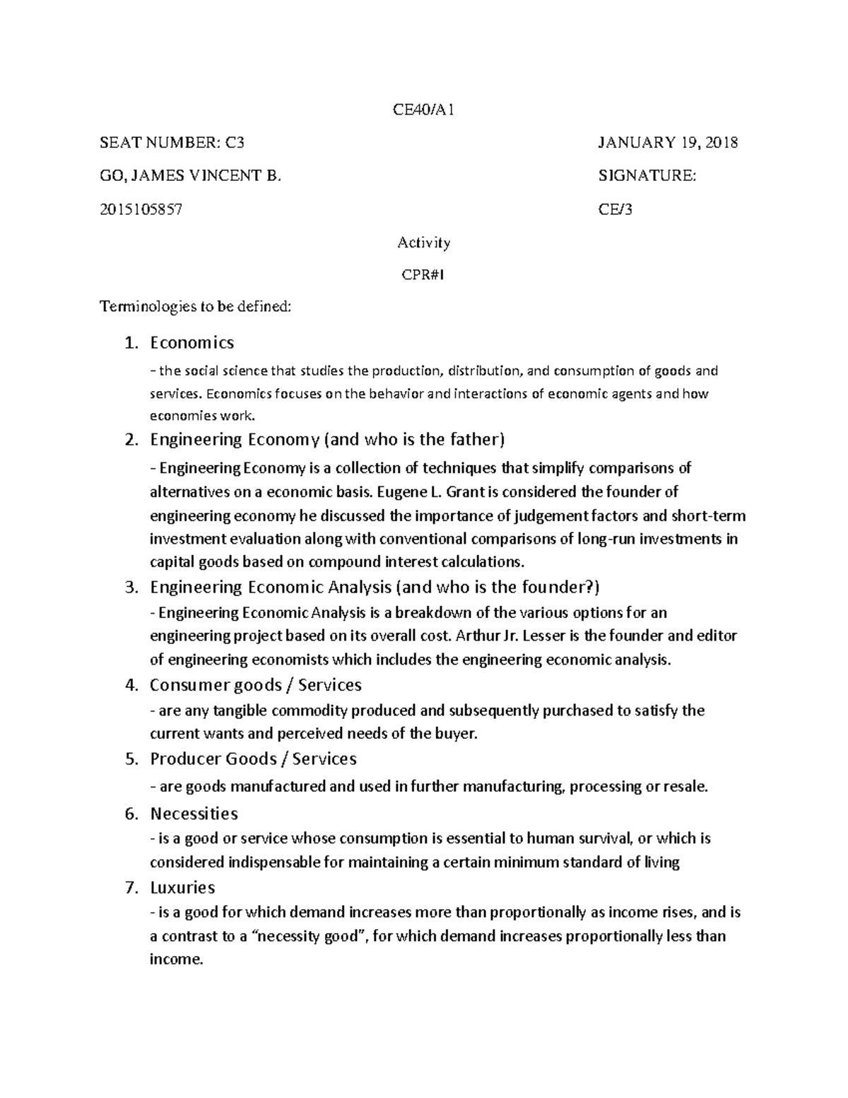 Toaz - HOMEWORK - CE40/A SEAT NUMBER: C3 JANUARY 19, 2018 GO, JAMES ...