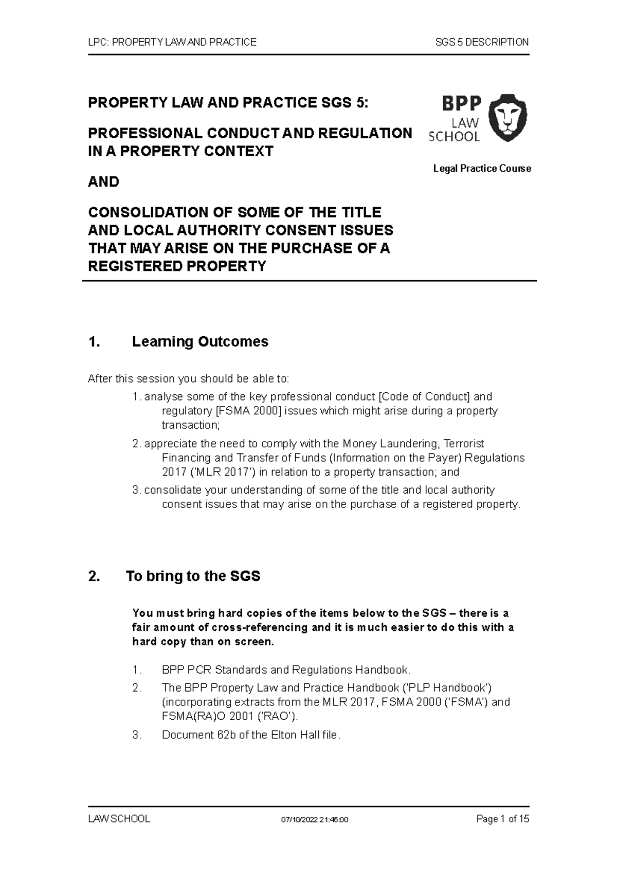 Property SGS 5 Description 2223 - LPC: PROPERTY LAW AND PRACTICE SGS 5 ...