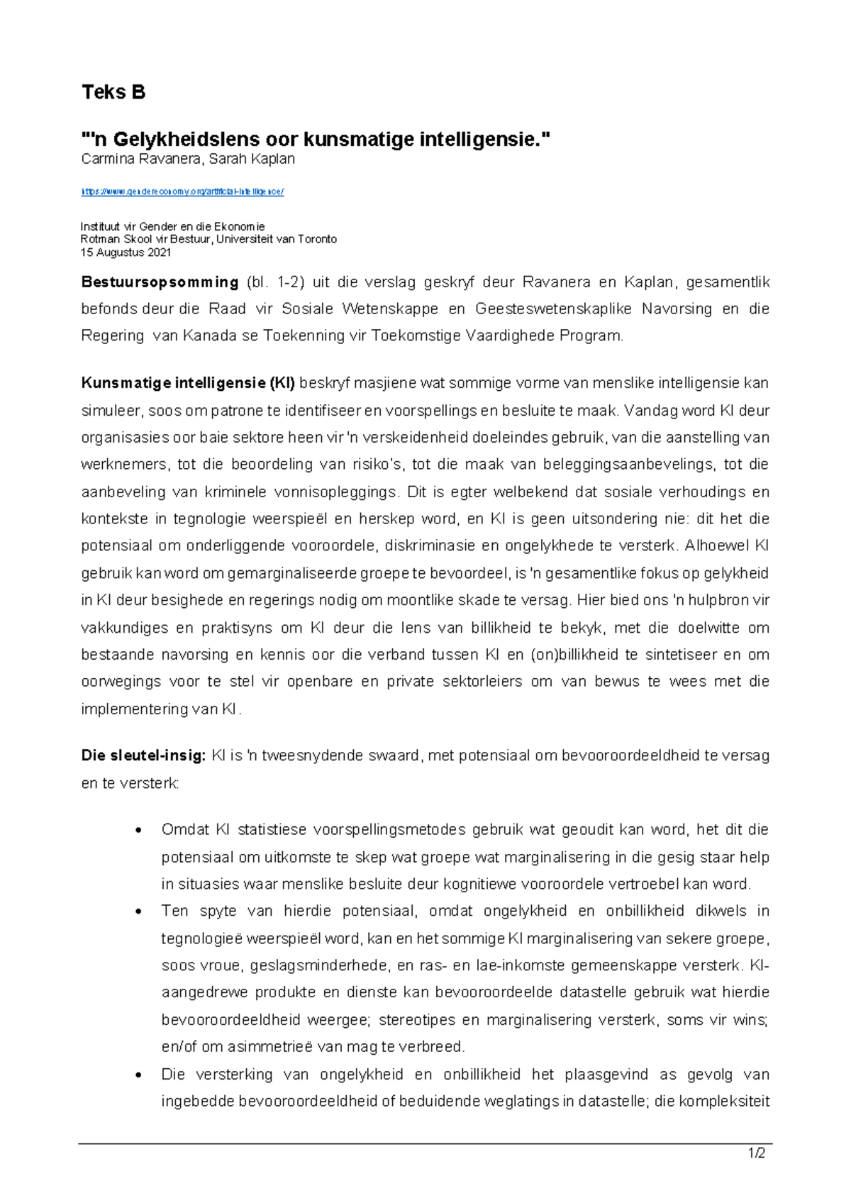 2024 ALDA 122 Eksamen Teks B - 1 / 2 Teks B "'n Gelykheidslens oor ...