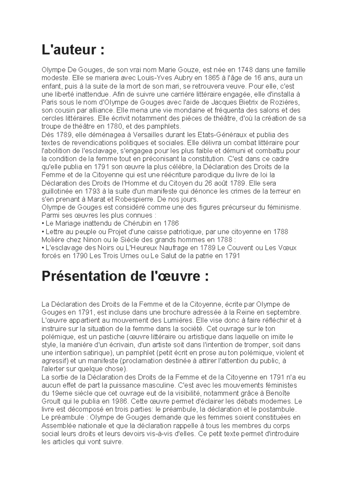 Declaration des droits de la femme - L'auteur : Olympe De Gouges, de ...