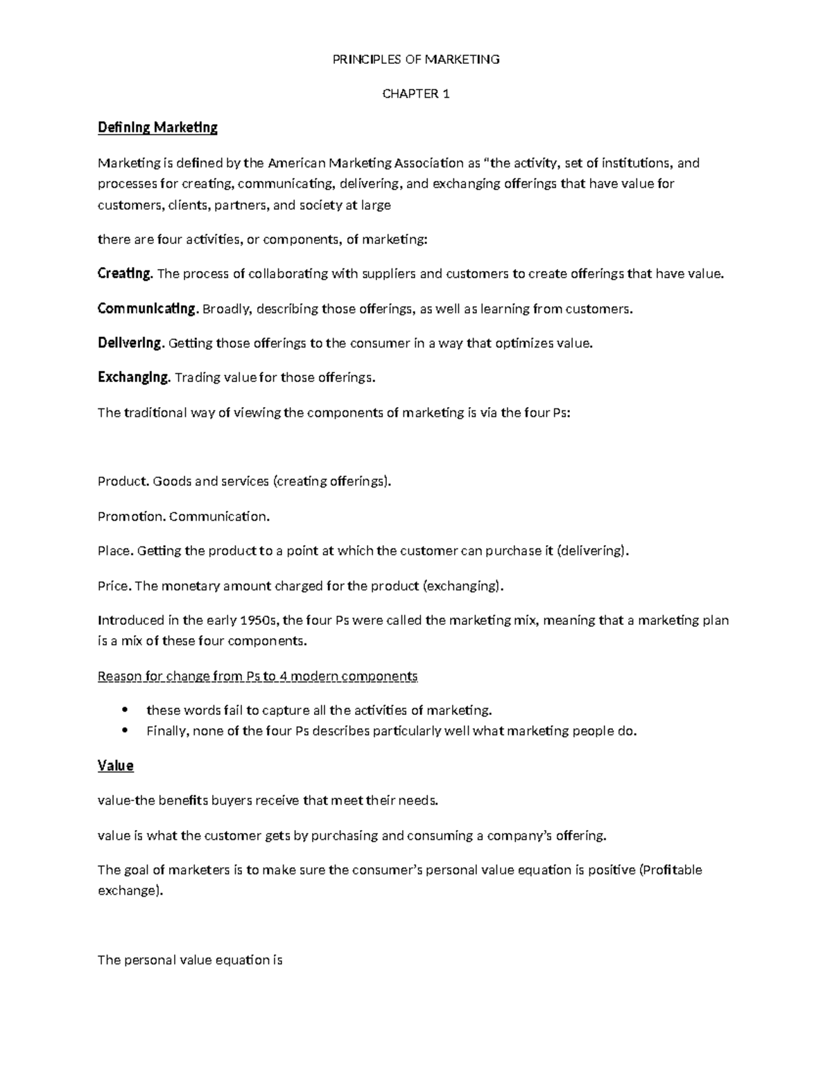 Principles OF Marketing Chapter 1 - CHAPTER 1 Defining Marketing ...