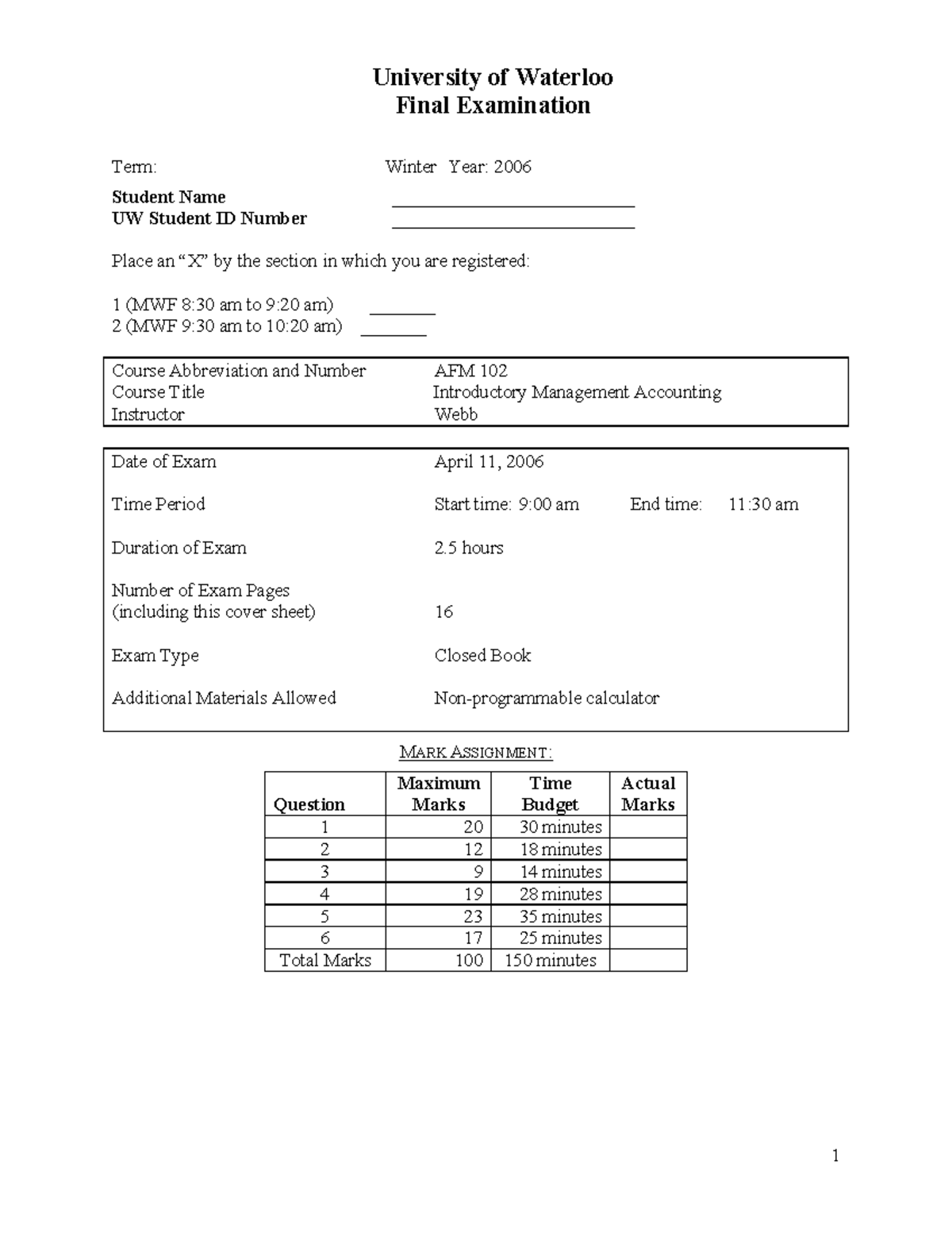 Exam 2013, questions and answers - All exams - University of Waterloo ...