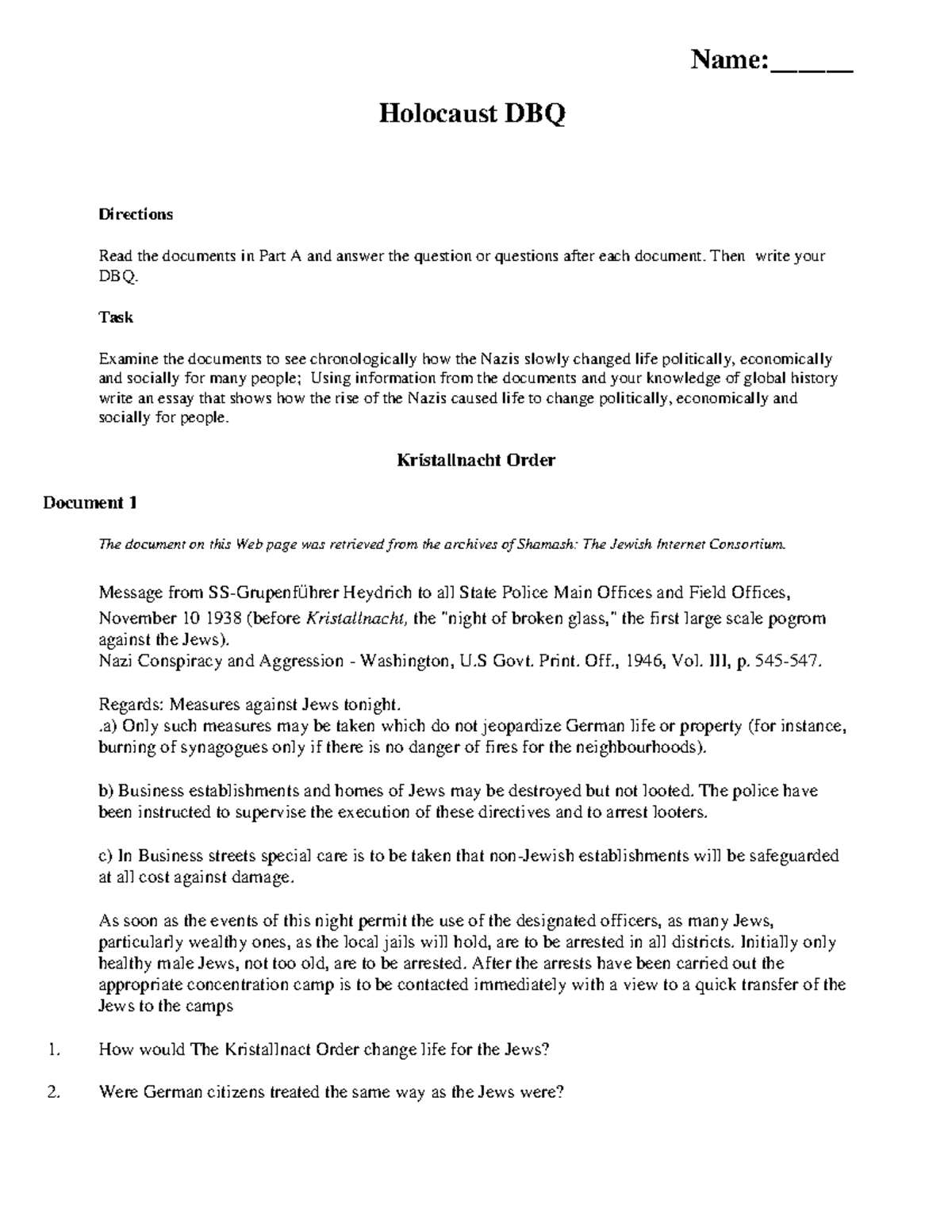Holocaust DBQ - Name:______ Holocaust DBQ Directions Read the documents ...