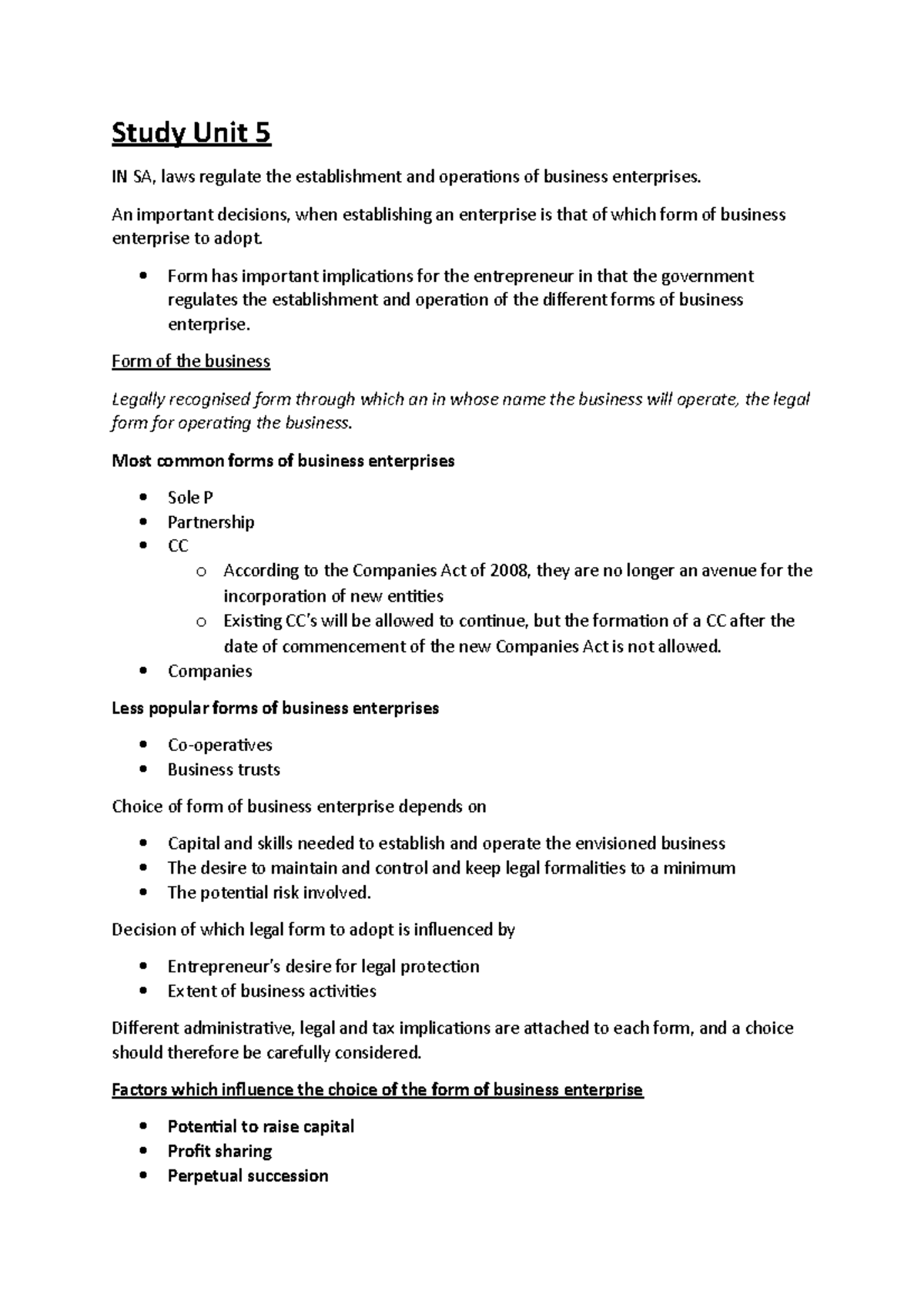 SU5 - Study Unit 5 IN SA, laws regulate the establishment and ...