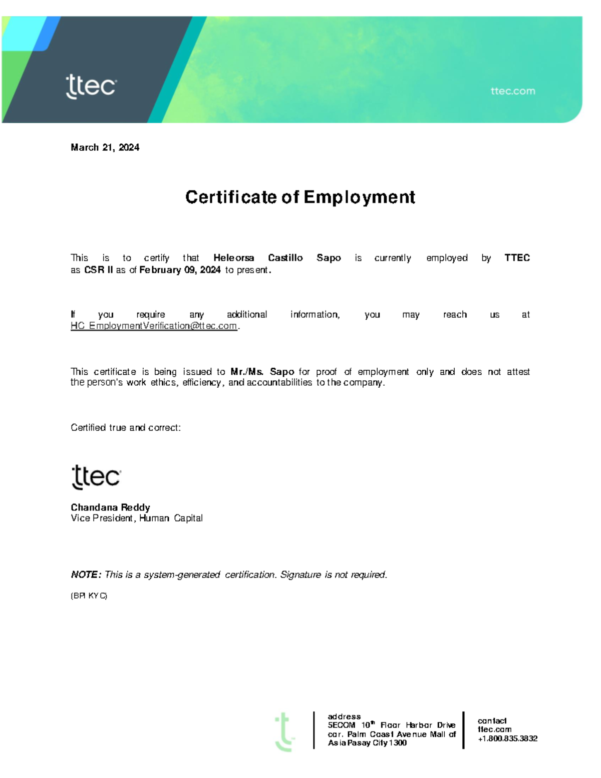 Heleorsa Castillo Sapo COE - address 5ECOM 10 th Floor Harbor Drive cor ...