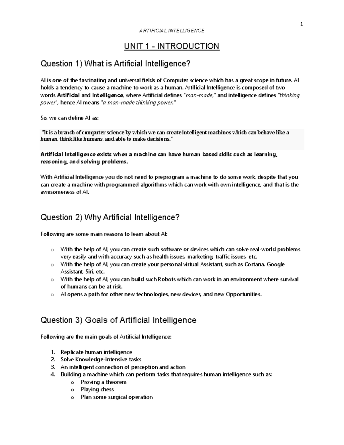 AI 1st UNIT - AI STUDY MATERIAL - ARTIFICIAL INTELLIGENCE UNIT 1 ...
