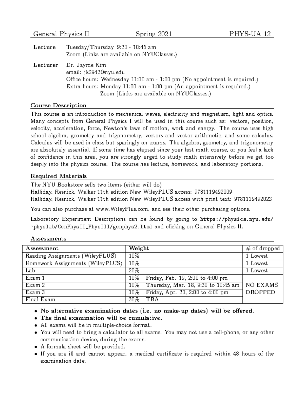 Syllabus GP2 Spring 2021 - General Physics II Spring 2021 PHYS-UA 12 ...