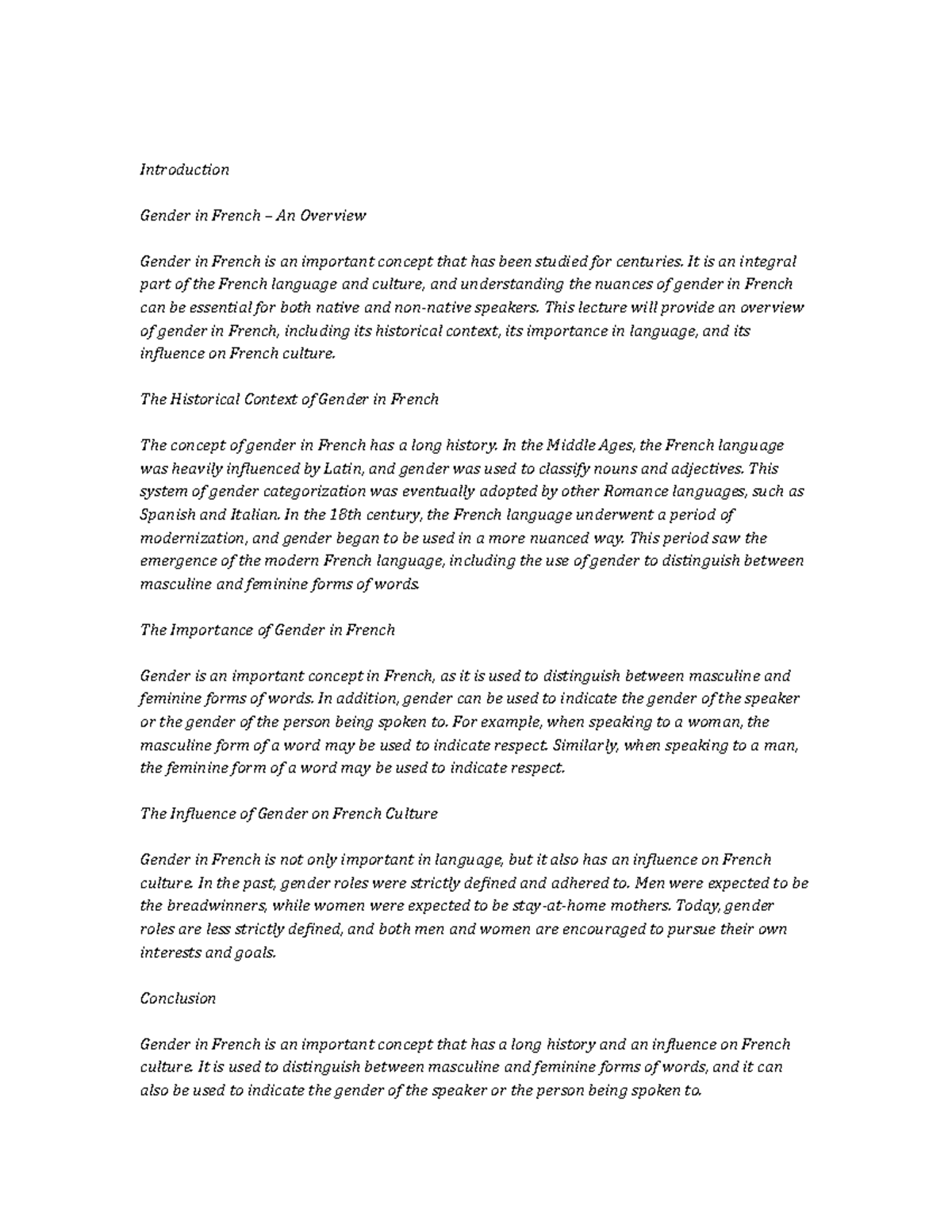 Gender Notes de cours - Introduction Gender in French – An Overview ...