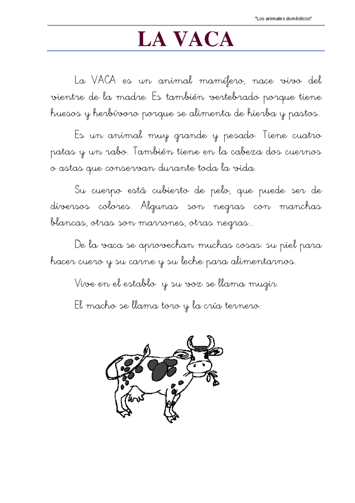 Los Animales Domésticos Fichas De Comprensión Lectora La Vaca La Vaca