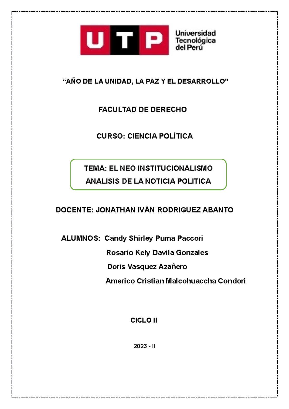 Neo institucionalismo S3 - “AÑO DE LA UNIDAD, LA PAZ Y EL DESARROLLO ...