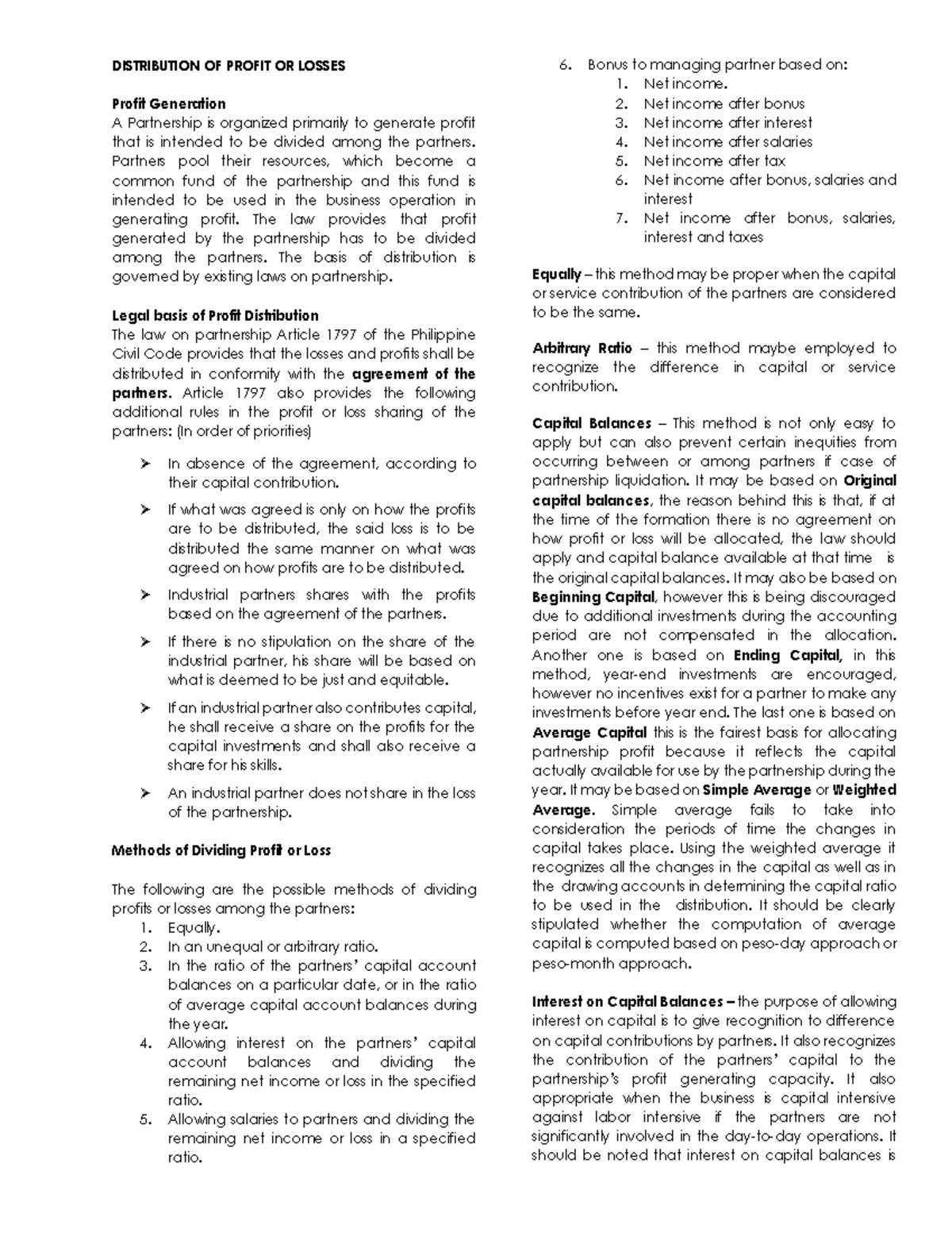 AFAR Notes 2 - DISTRIBUTION OF PROFIT OR LOSSES Profit Generation A ...