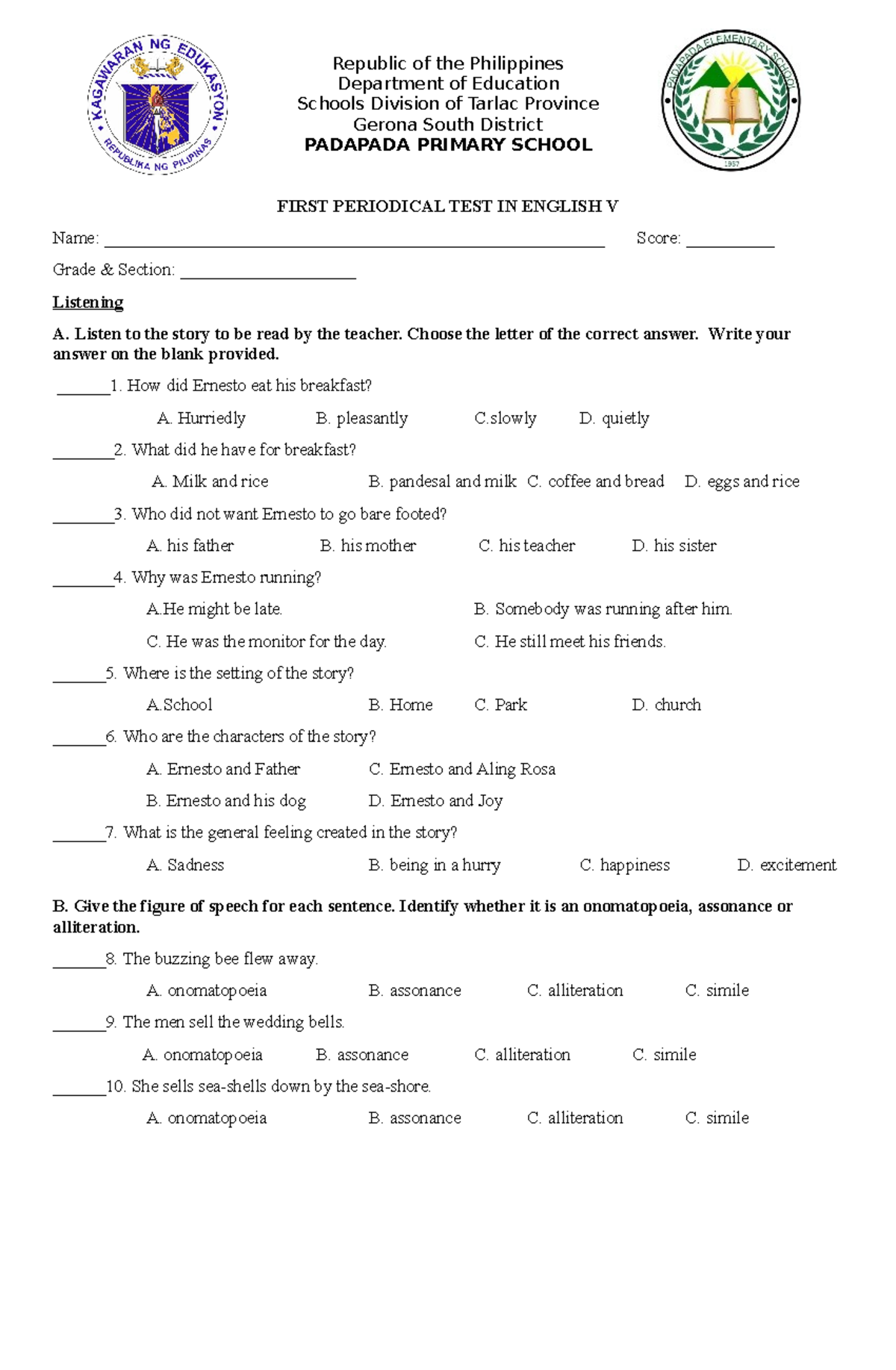 Periodical Test English - Republic of the Philippines Department of ...