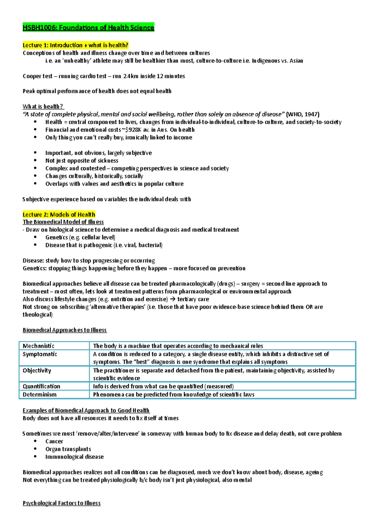 HSBH1006 Exam Notes - HSBH1006: Foundations of Health Science Lecture 1 ...