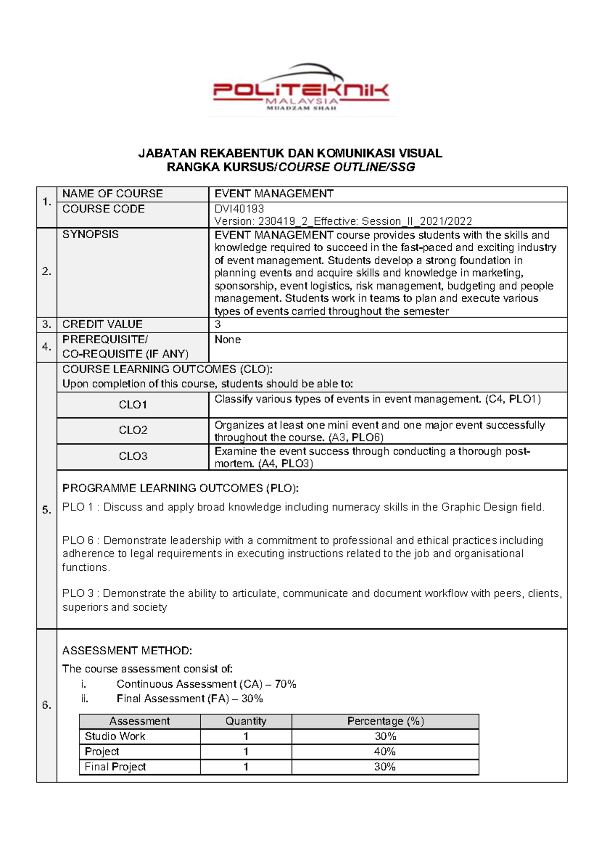 SSG@Course Outline DVG40193 Event Management SESI 1 - JABATAN ...