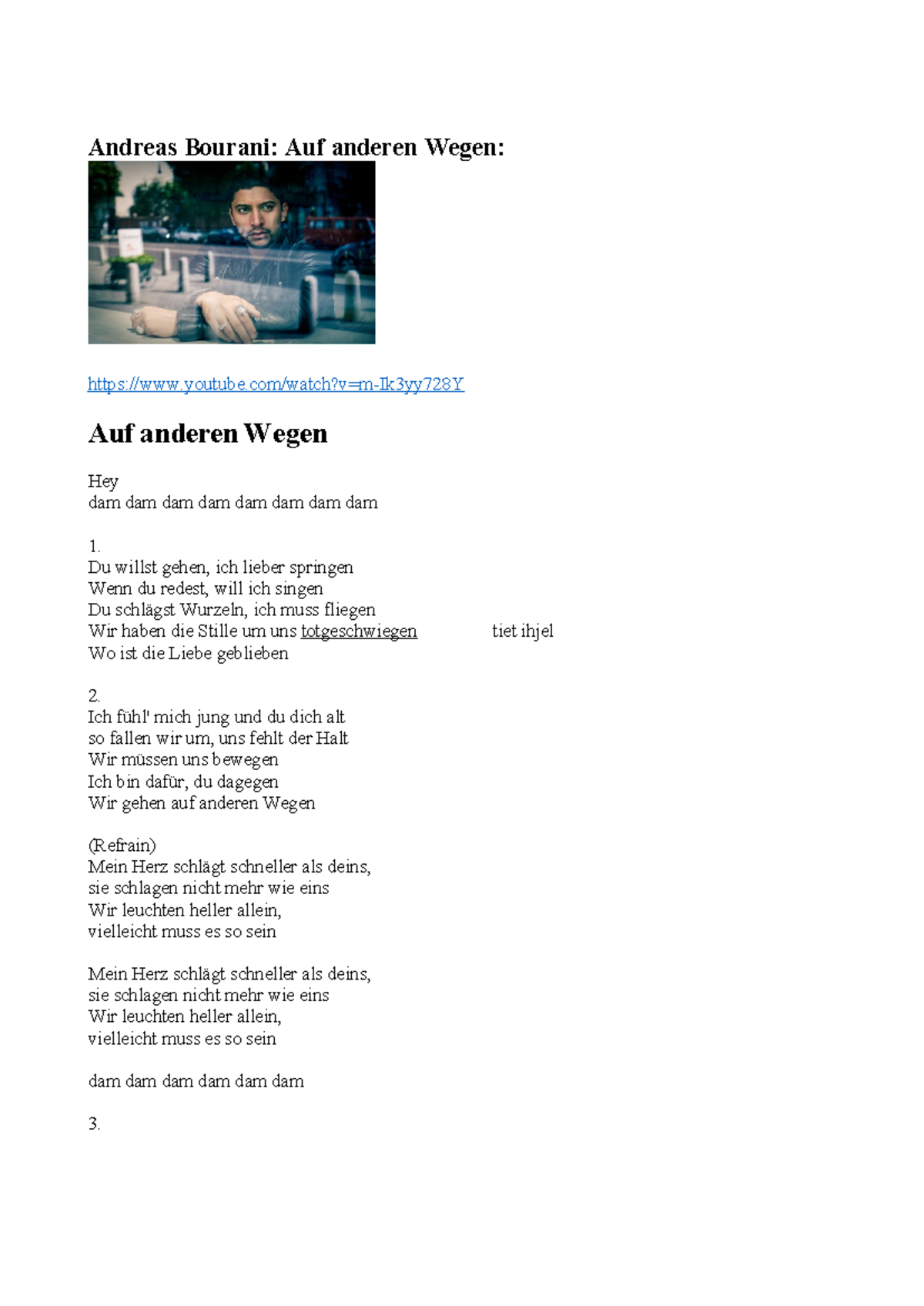 2. Andreas Bourani. Auf anderen Wegen. Text und Fragen - Andreas ...