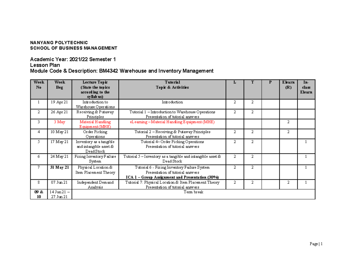 BM4342 Lesson Plan - Warehouse and Inventory Management - Page | 1 ...