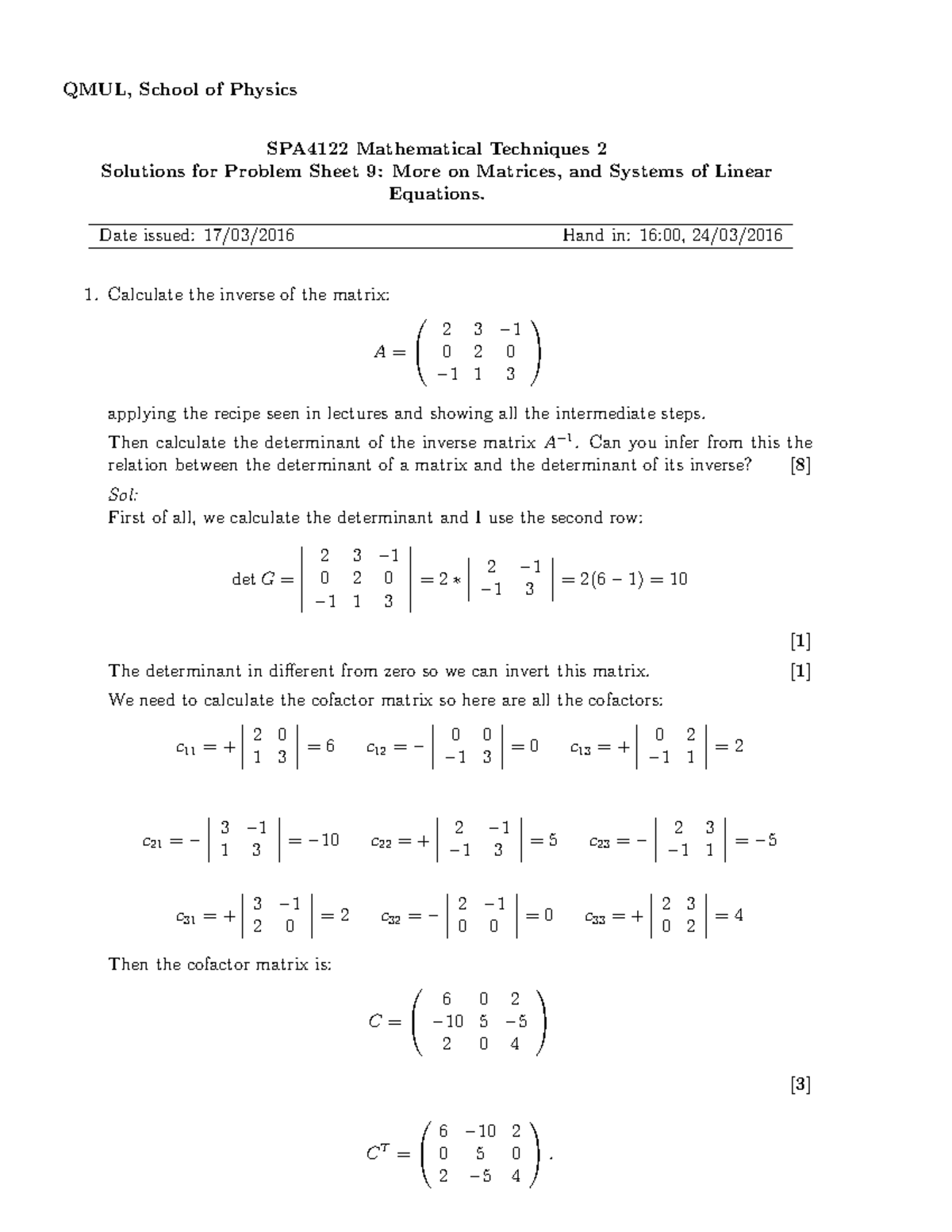 Problem Sheet 09 Solutions - QMUL, School of Physics SPA4122 ...