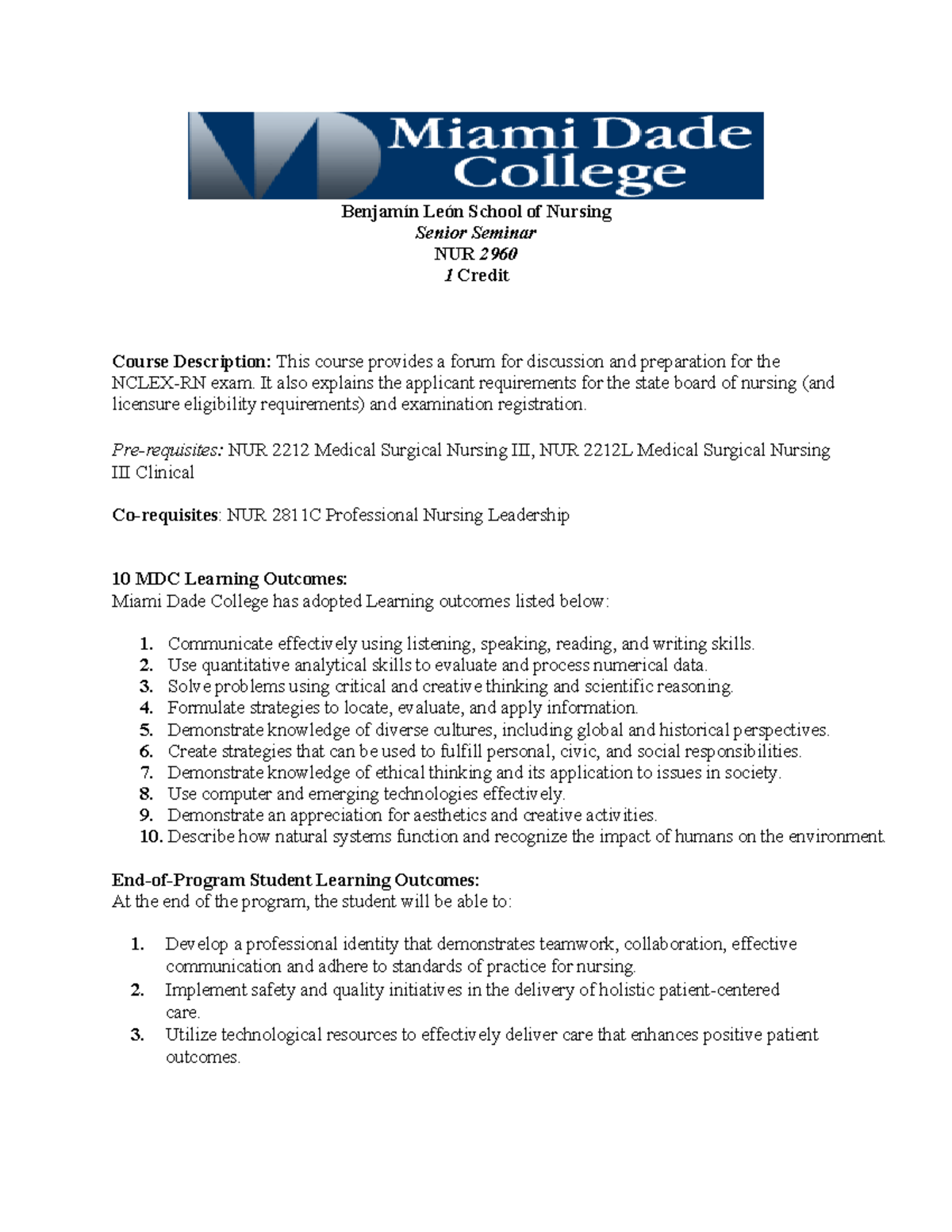 NUR 2960 Senior Seminar Syllabus - Benjamín León School of Nursing ...